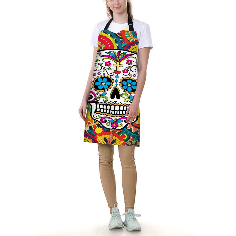 SSOIU Skull Cooking Apron, Art Floral Sugar Skull Kitchen Apron For Baking/BBQ Men Women Unisex Waterproof 31X27 Inches