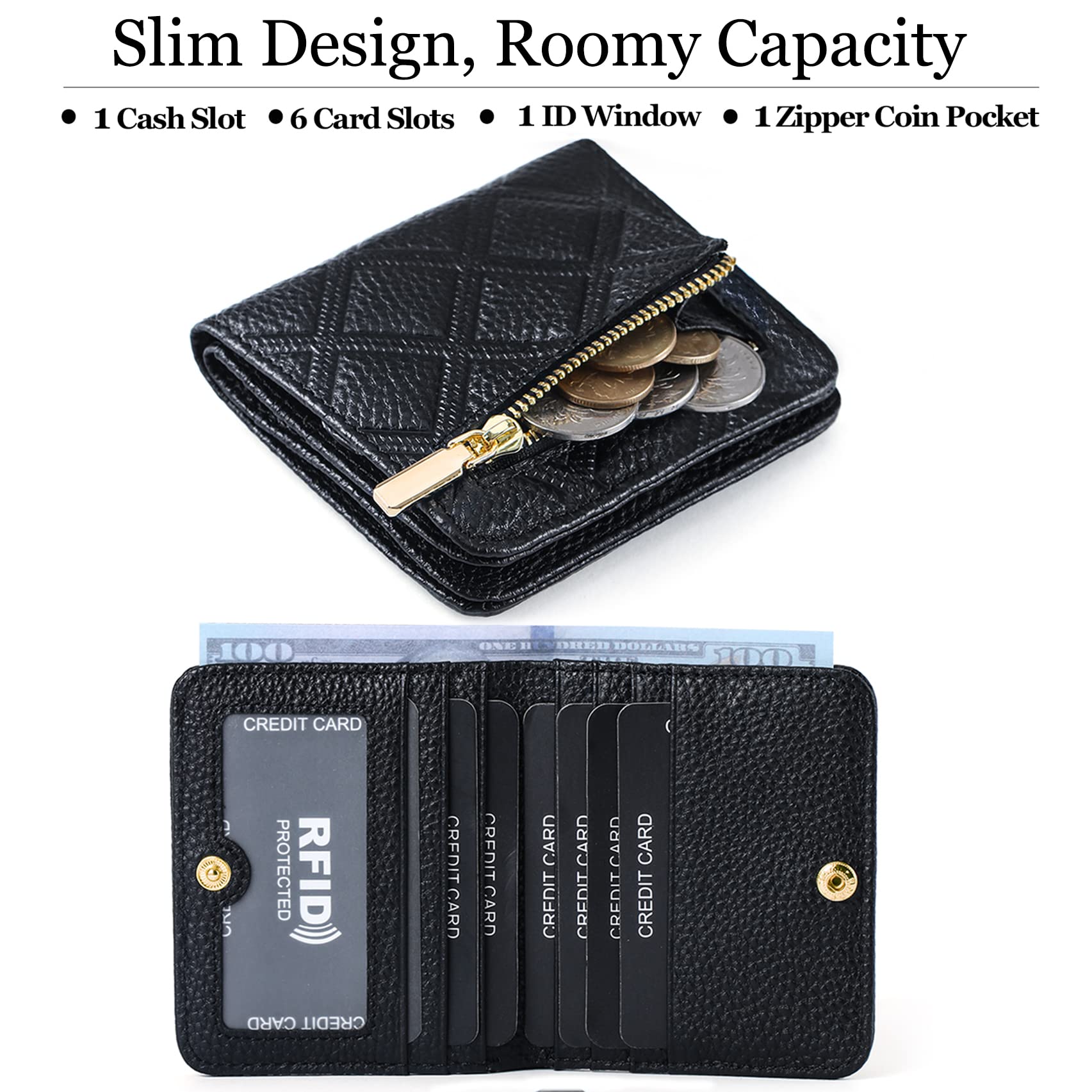 Small Wallets for Women RFID Blocking Genuine Leather Ladies Compact Bifold Pocket Wallet Mini Purse with ID Window Black-1