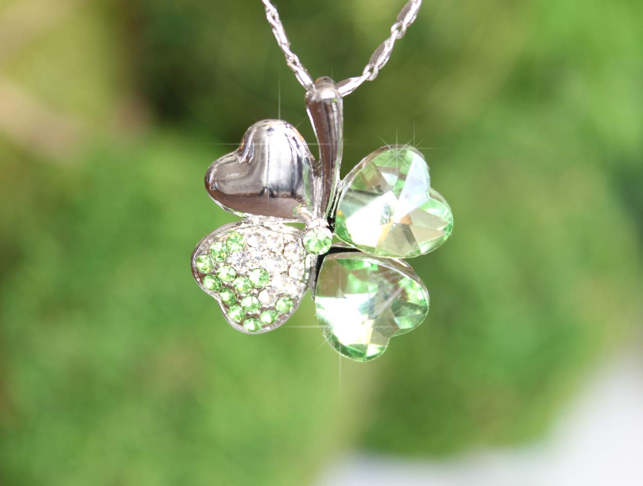 NEVERMORE Shimmering Shamrock (Peridot) Green Four Leaf Clover Crystal Pendant Necklace With Silver Chain for St Patricks Day or Any Lucky Occasion