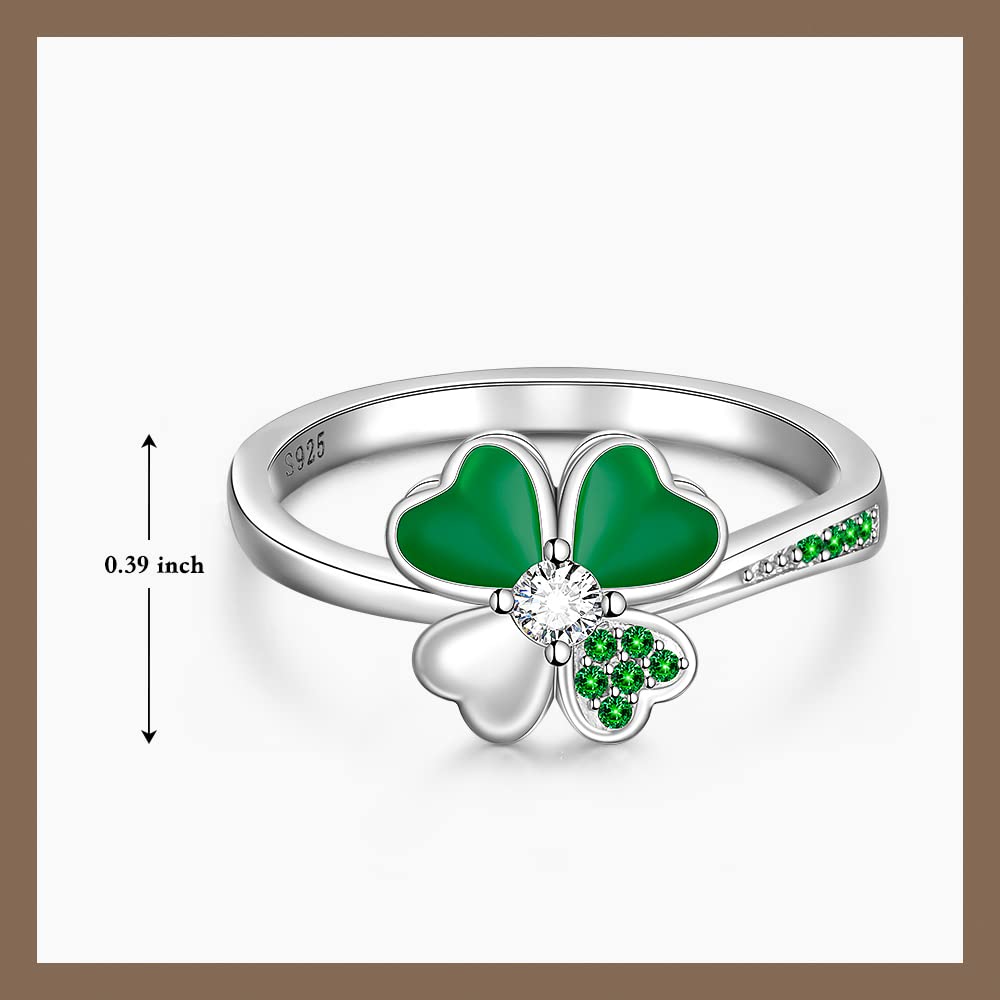 Talonior Irish Clover Ring for Women Sterling Silver St Patricks Day Gifts Shamrock Four Leaf Jewelry Green Holiday Prom Rings Size 8