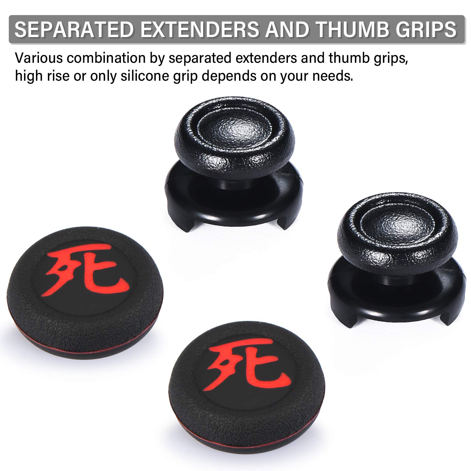Playrealm FPS Thumbstick Extender & Printing Rubber Silicone Grip Cover 2 Sets for PS5 Dualsenese & PS4 Controller (Death of Kanji)