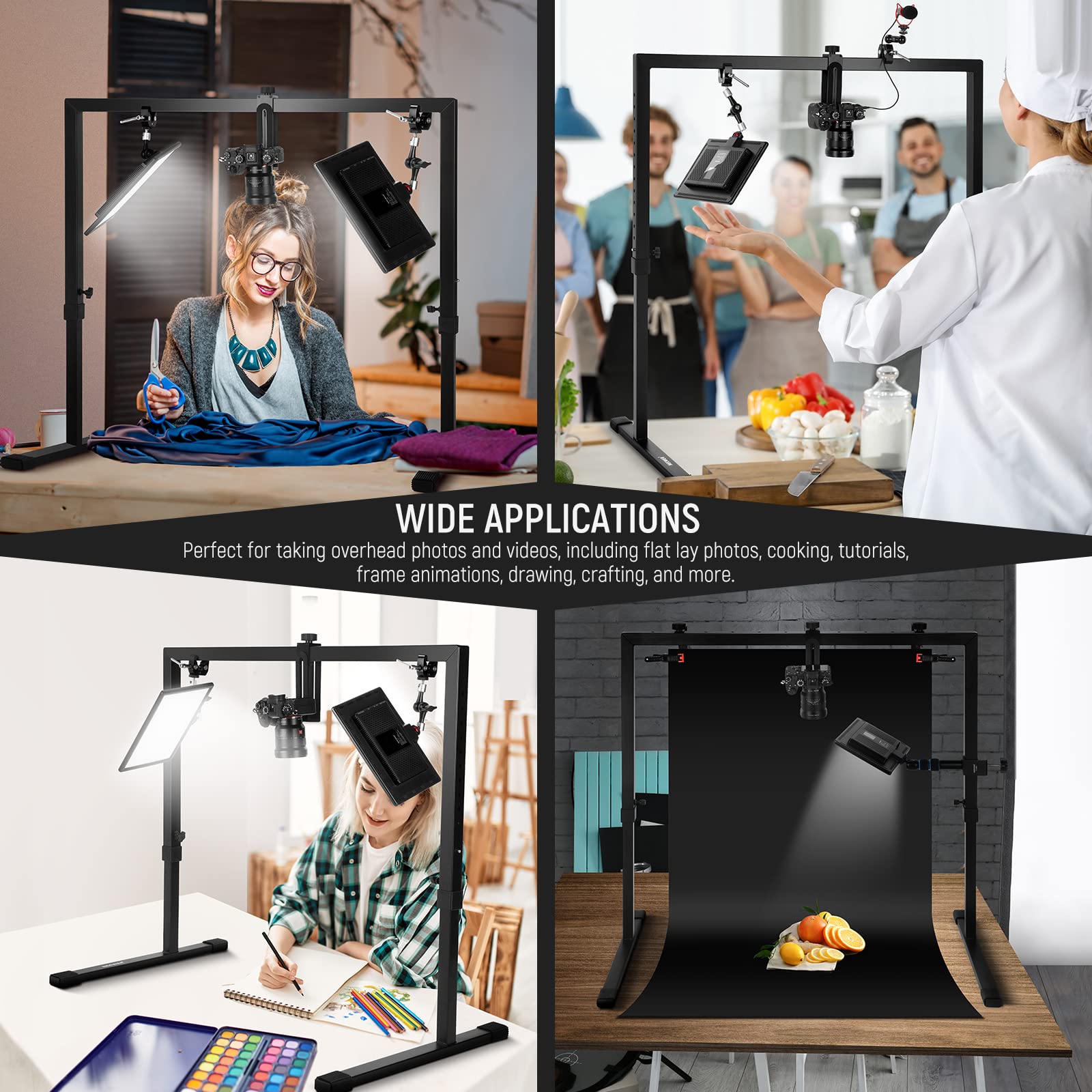 NEEWER Overhead Camera Mount Rig for Top Down Shots, Heavy Duty Steel Tabletop Mount Stand Multi Device Platform for Flat Lay Photography Lighting Cooking Drawing Crafts, For Desks≥3.3'/1m Long, ST100