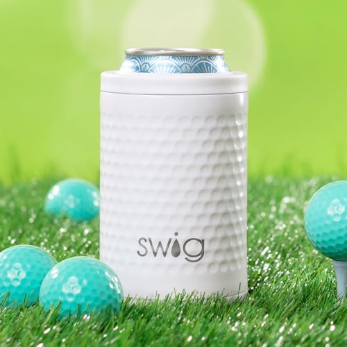 Swig Life Standard Can + Bottle Cooler, Stainless Steel, Dishwasher Safe, Triple Insulated Can Sleeve for Standard Size 12oz Cans or Bottles in Golf Print with Golf Ball Textured Frame