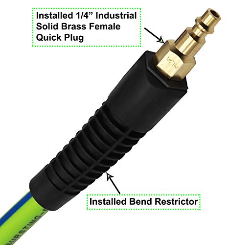 YOTOO Air Hose 1/4 in x 25 ft, Heavy Duty Hybrid Air Compressor Hose, Flexible, Lightweight, Kink Resistant with 1/4" Industrial Quick Coupler Fittings, Bend Restrictors, Green+Blue