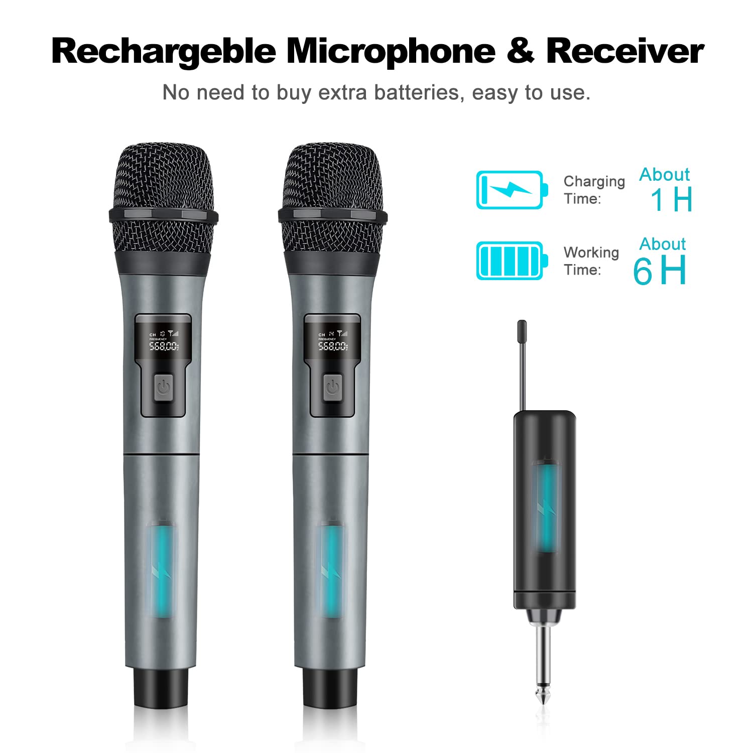 SMARTSWORD Wireless Microphone, Dual Portable Handheld Dynamic Karaoke Mic System with Rechargeable Receiver, Cordless Mic Set for Wedding, Party, Speech, Church, Meeting, 160 ft Range,Grey