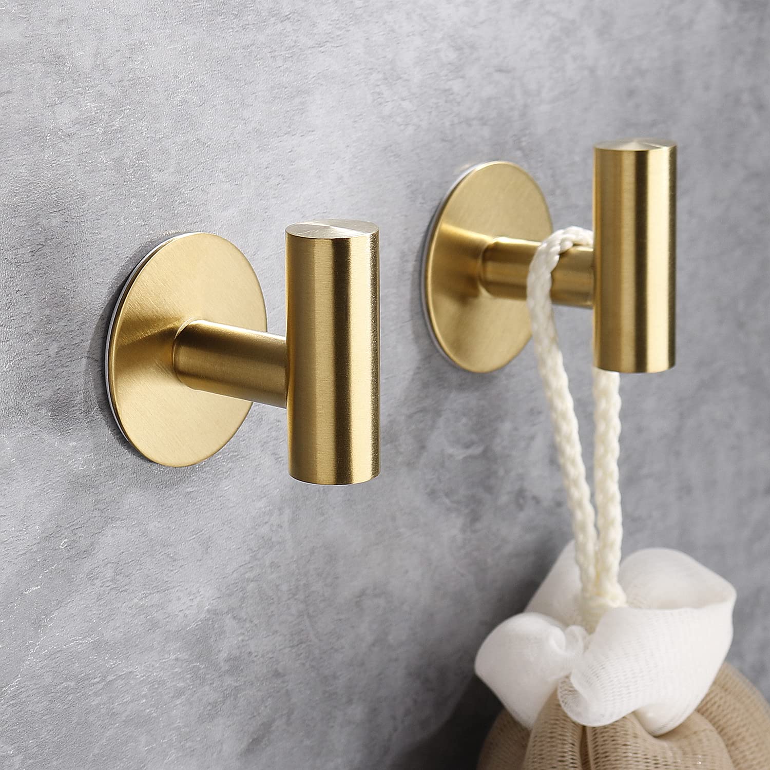 Zuvky Adhesive Wall Hooks - 2 Pack Stainless Steel Towel Hooks for Bathrooms, Kitchen, Livingroom, Office, Garage, Hotel (Gold)