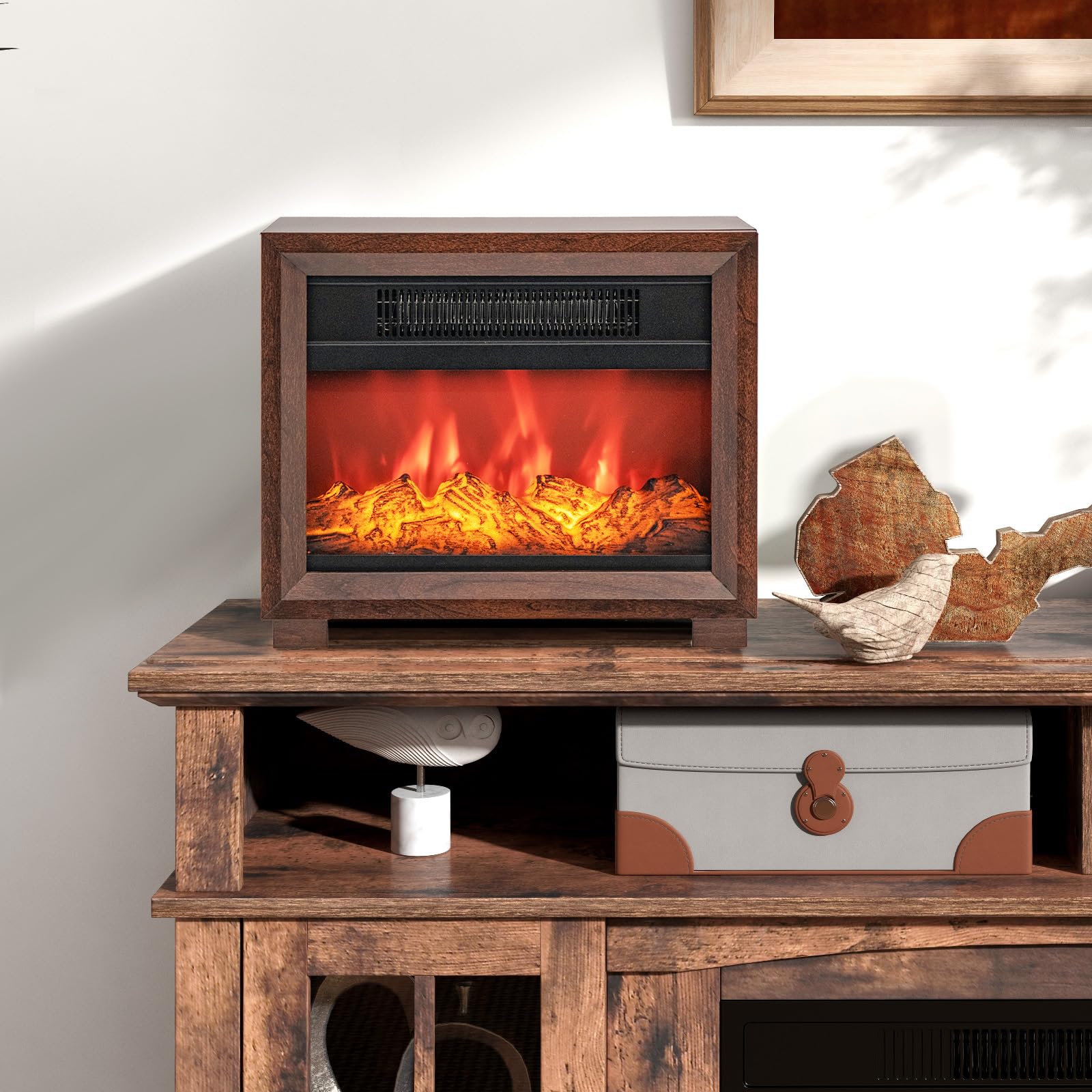 ORALNER Mini Electric Fireplace Heater for Indoor Use, 13 Inch Portable Fireplace Heater with Realistic Flame Effect, Overheat Protection, Compact Space Heater for Bedroom, 750W, Brown