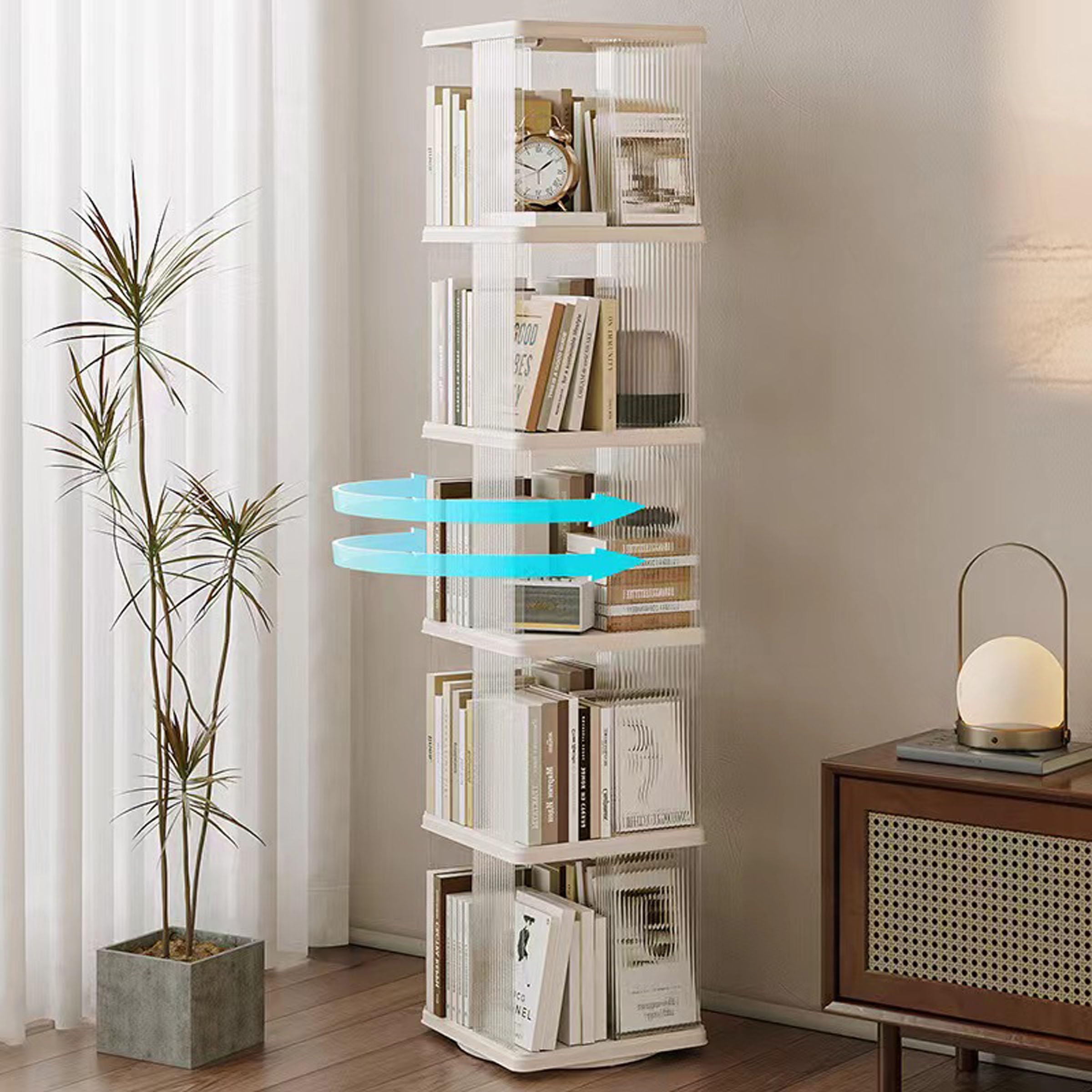 ZXFWRJDJ Rotating Bookshelf Tower, 360 Display Spinning Bookshelf,Small Corner Bookshelf for Small Space,Suitable for Bedrooms, Living Looms, Offices, and Study Rooms (White,5 Tier, 14x14x66