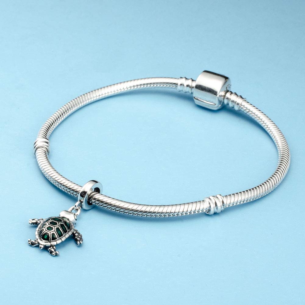 PAIYUAN Sea Turtle Animal Charms 925 Sterling Silver Tortoise Pet Charms Bead for European Bracelet (Green Dangle)