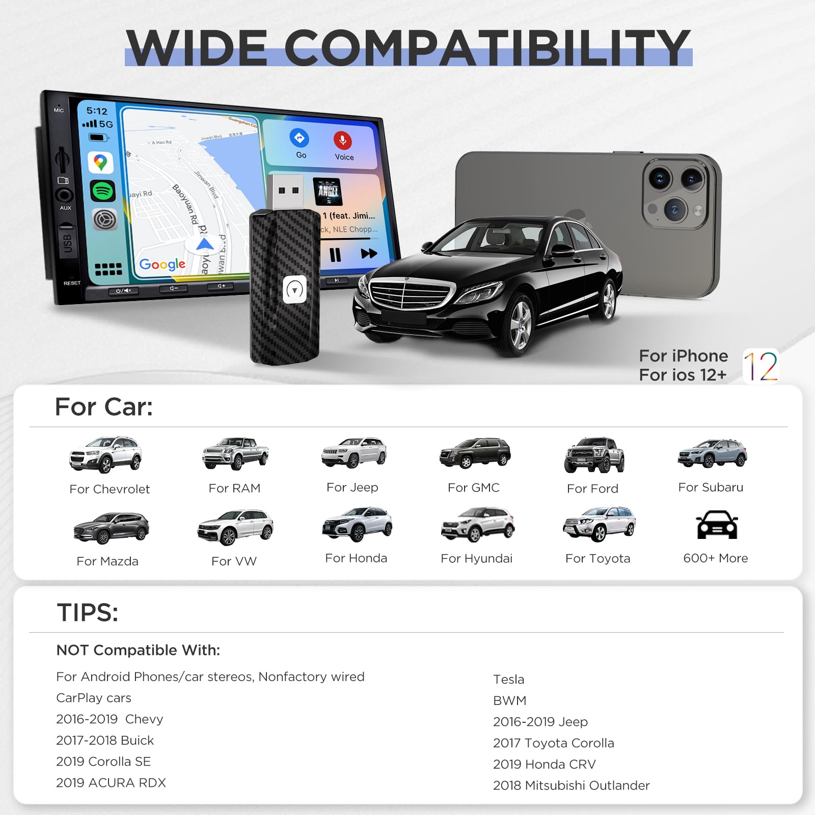 MSXTTLY Wireless CarPlay Adapter for Apple iPhone iOS 12+ U2C-AIR Small Car Play Dongle for OEM Wired CarPlay Car Model 2017+ USB C to A, USB A Extension Cable, 90 Degree USB Adapter, 3 Adapters