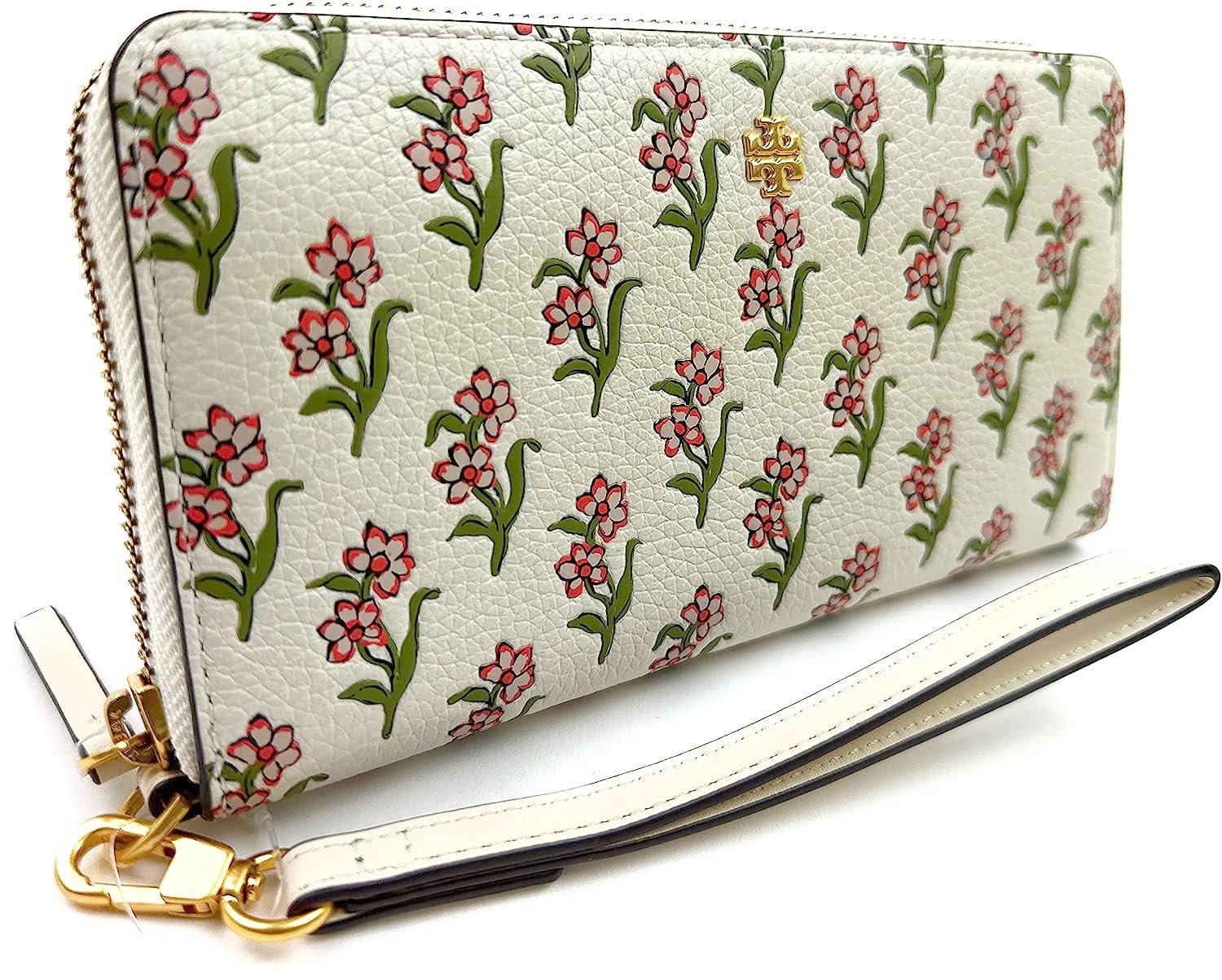 Tory Burch Emerson Mixed-Print Wristlet Zip Continental Wallet (Cream, Red, Green Block Print Ditsy)