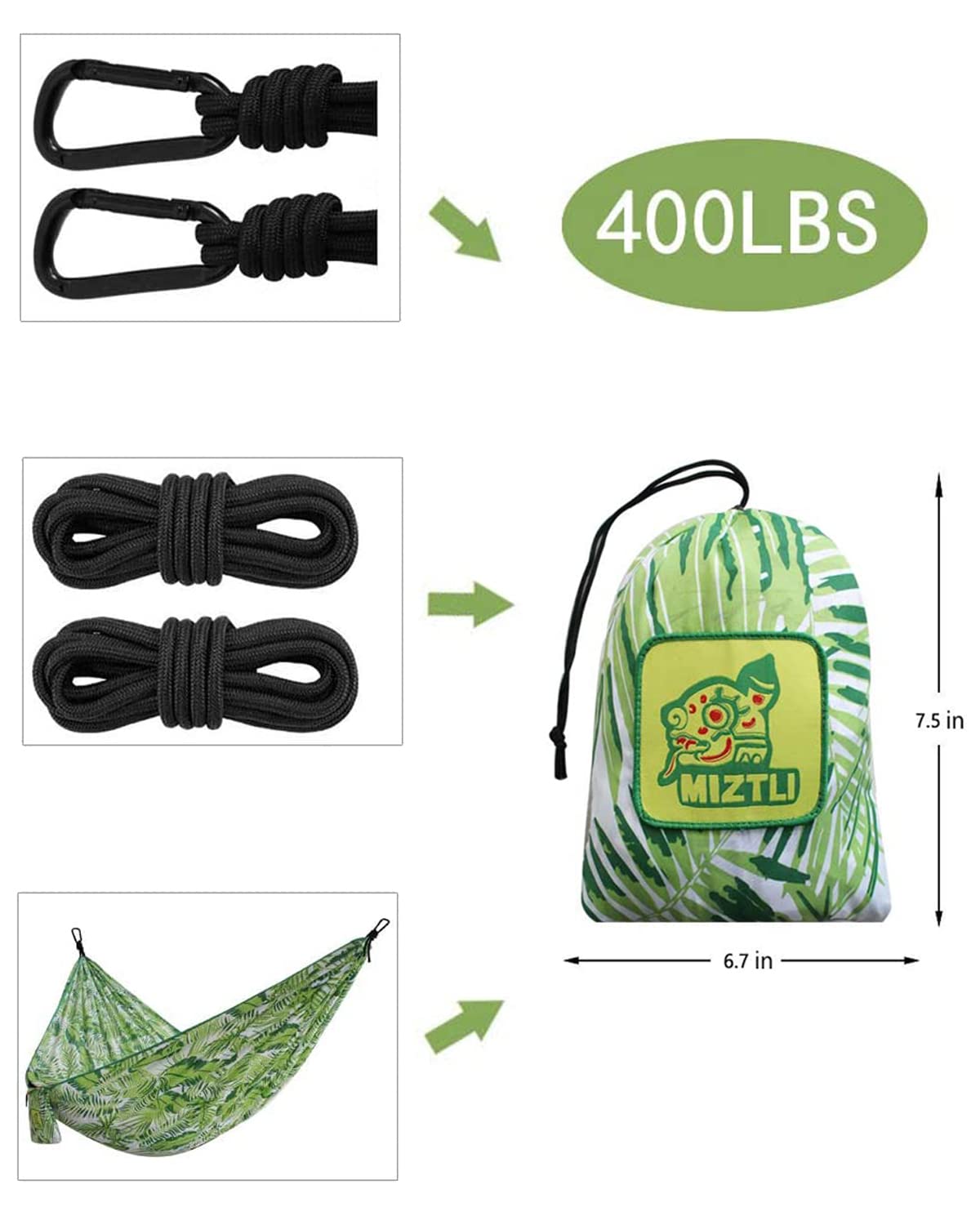 MIZTLI Hammock Camping Double & Single with All The Installations, Portable & Lightweight Travel Parachute Hammock, Outdoor, Indoor, Backpacking, Hiking & Survival