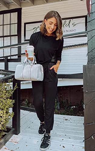 PRETTYGARDEN Women's 2024 Fall Two Piece Outfit Long Sleeve Crewneck Pullover Tops and Long Pants Tracksuit (Black,Large)
