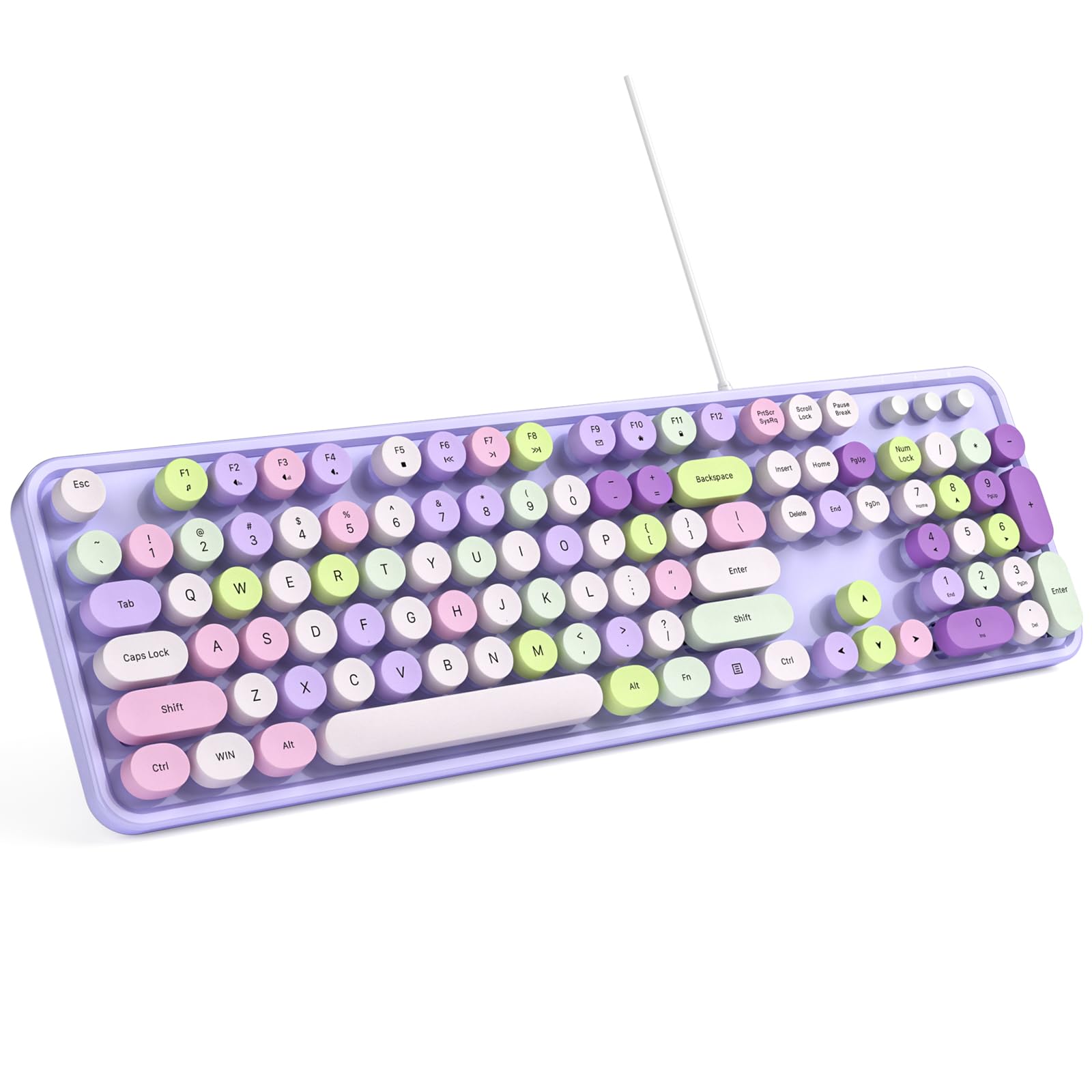 MOWUX Computer Keyboard Wired, Plug and Play USB Retro Round Typewriter Keyboard, Full Size Wired Keyboard with Foldable Stands for Laptop and Office PC- Purple Colorful