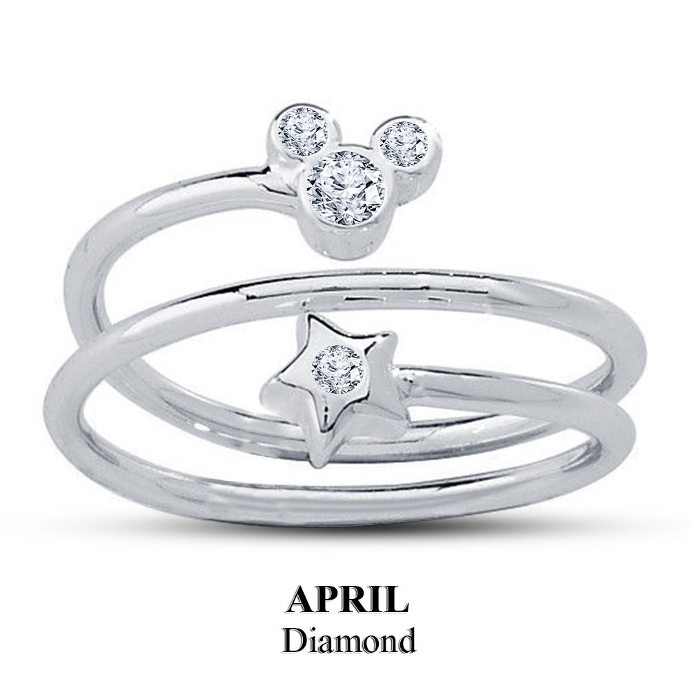 PB Collection Mickey Mouse Birthstone Adjustable Rings Gifts for Christmas in 925 Sterling Silver April