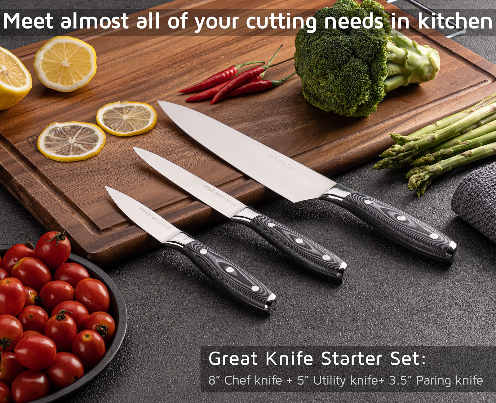 WELLSTAR Kitchen Knife Set 3 Piece, Razor Sharp German Steel Forged Blade with Professional G10 Handle, Chef Utility Paring Knife Well Balanced Cutlery Set for Cutting Chopping and Dicing - Gift Box