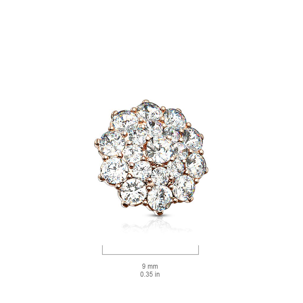 MoBody 14G Paved CZ Double Tier Round Flower Dermal Anchor Surgical Steel Internally Threaded Dermal Anchor Body Piercing Top (Silver-Tone)