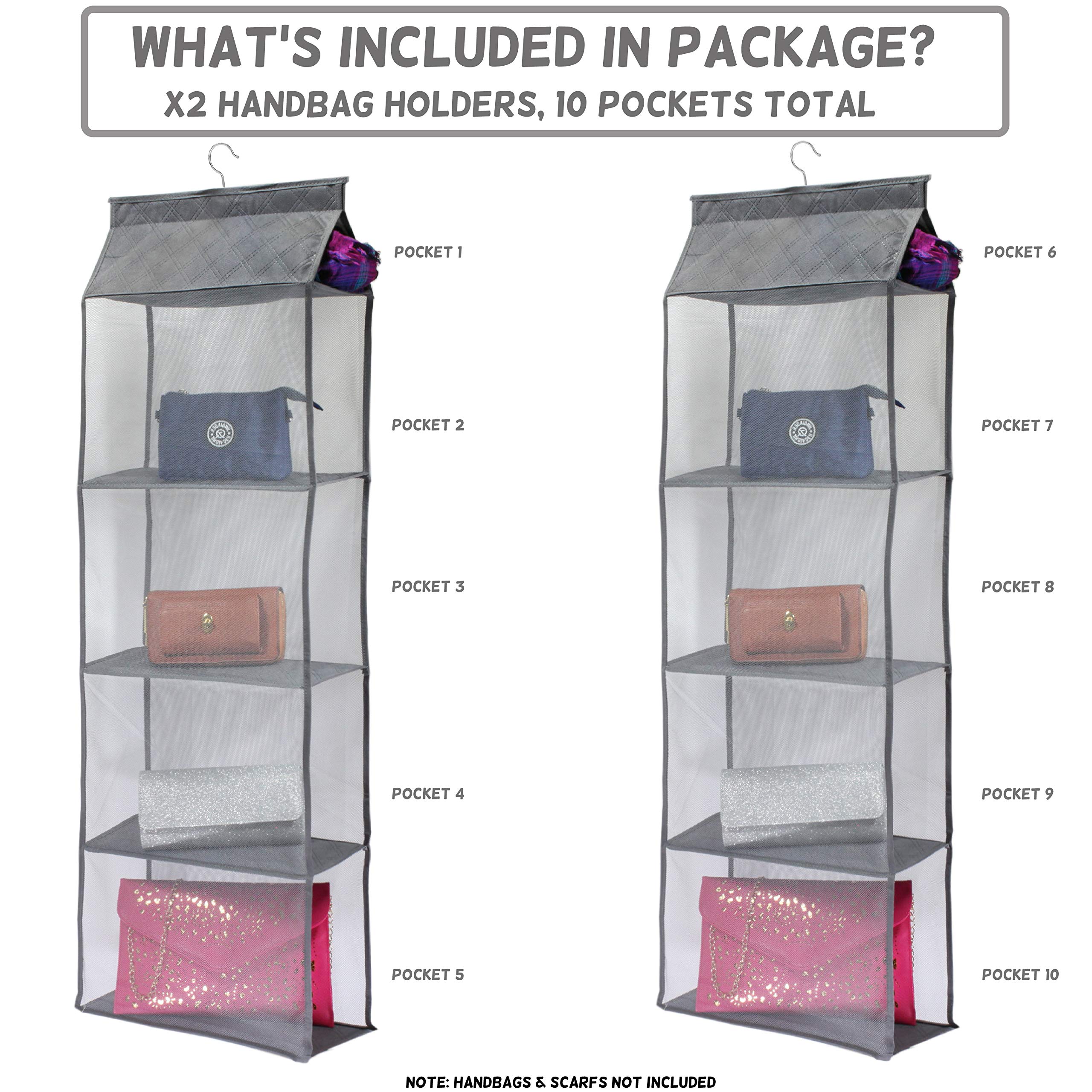 MIGHTY TIDY HOME New and Improved XL Size Hanging Handbag Purse Organizer for Closet | 2 Pack, 10 Shelves Total | Space Saving Hand Bag Storage Holder for Wardrobe Closet (Neutral Tone)