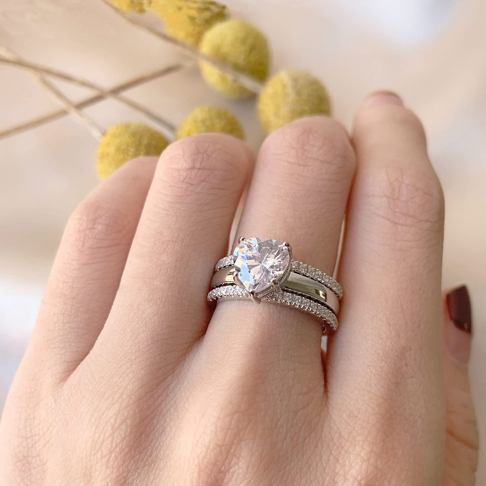 SHELOVES Solitaire Heart CZ Engagement Rings Set Sterling Silver Wedding Band Guard Enhancers Sz 5
