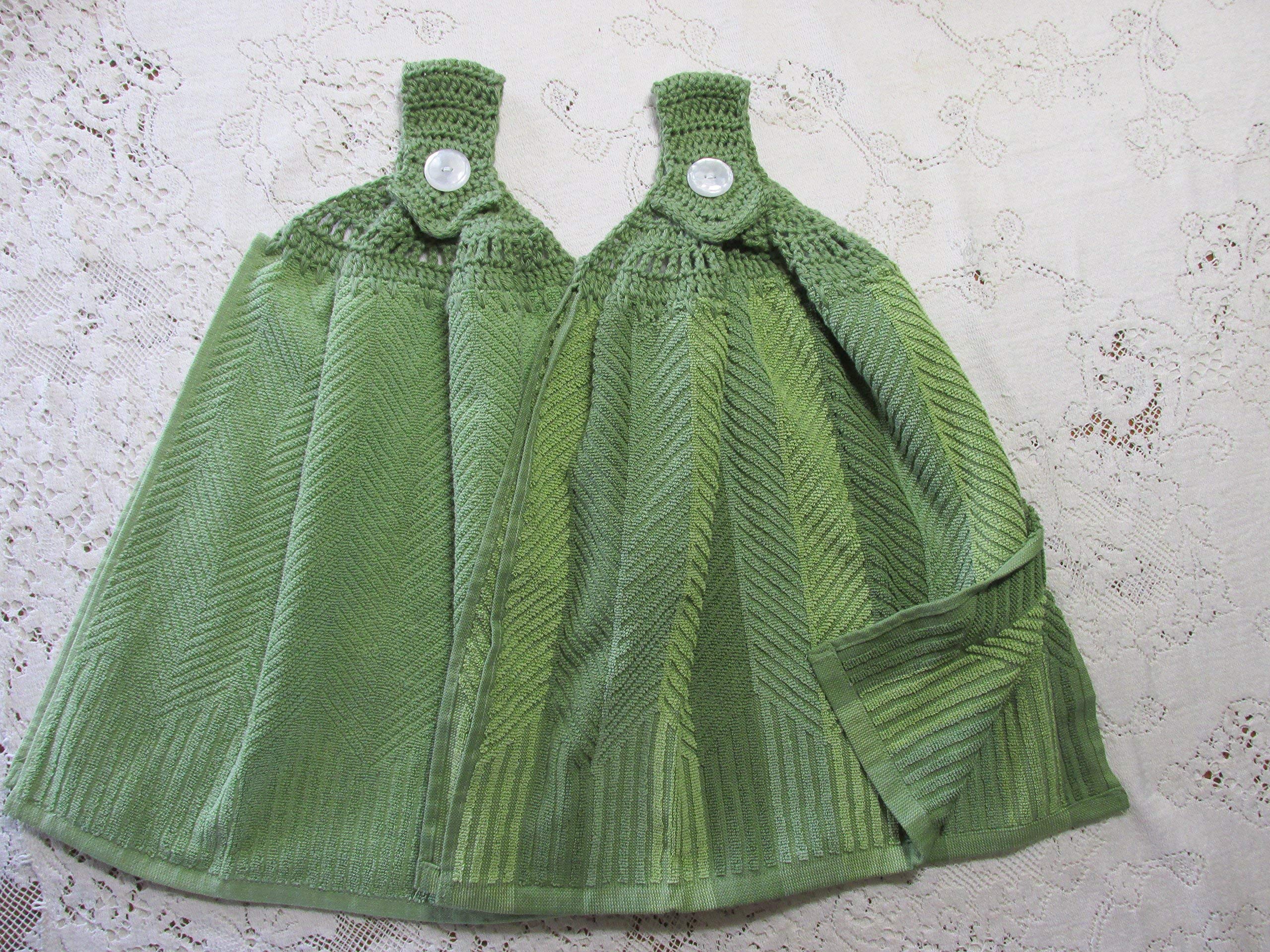 Set of 2 Green Doubled Chevron Design Hanging Kitchen Towels with Green Cotton Crochet Top - Best Quality