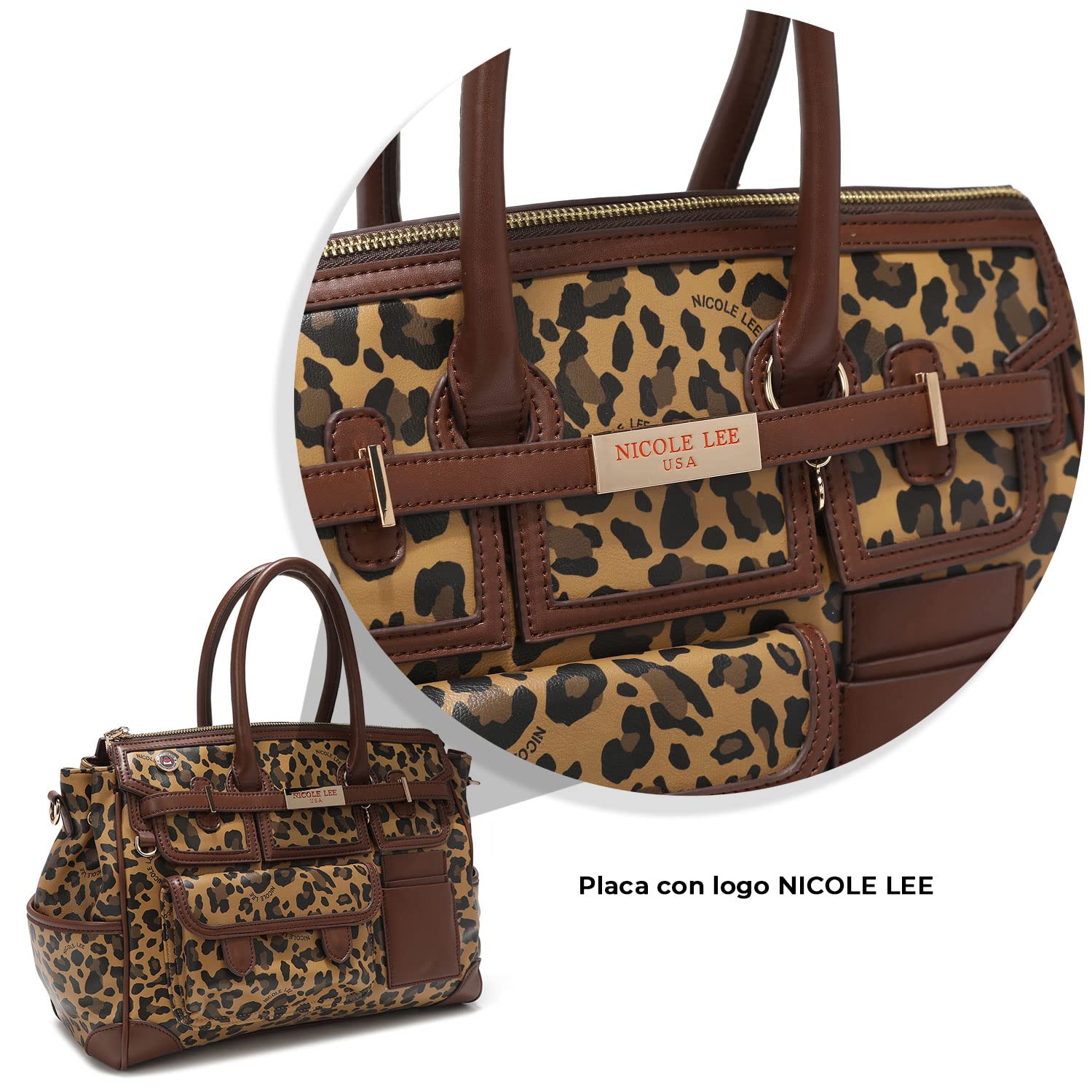 Nicole Lee Lola Leopard Print Brown/Black Medium Satchel, 8 Pockets, Phone Compartment, Card Holder, Optional Crossbody Strap