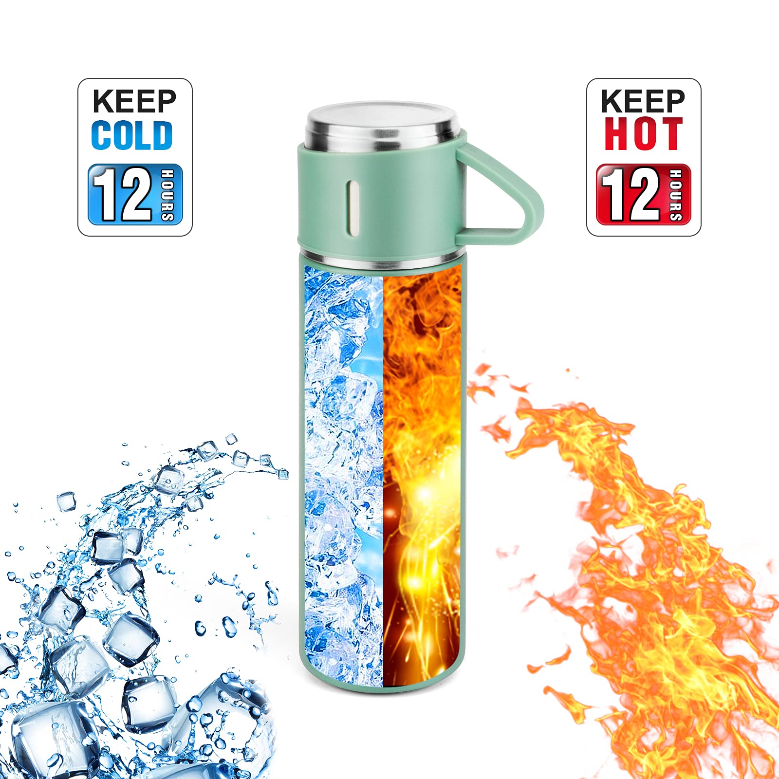 Stainless Steel Thermo 500ml/16.9oz Vacuum Insulated Bottle with Cup for Coffee Hot drink and Cold drink water flask.(Green,Single)