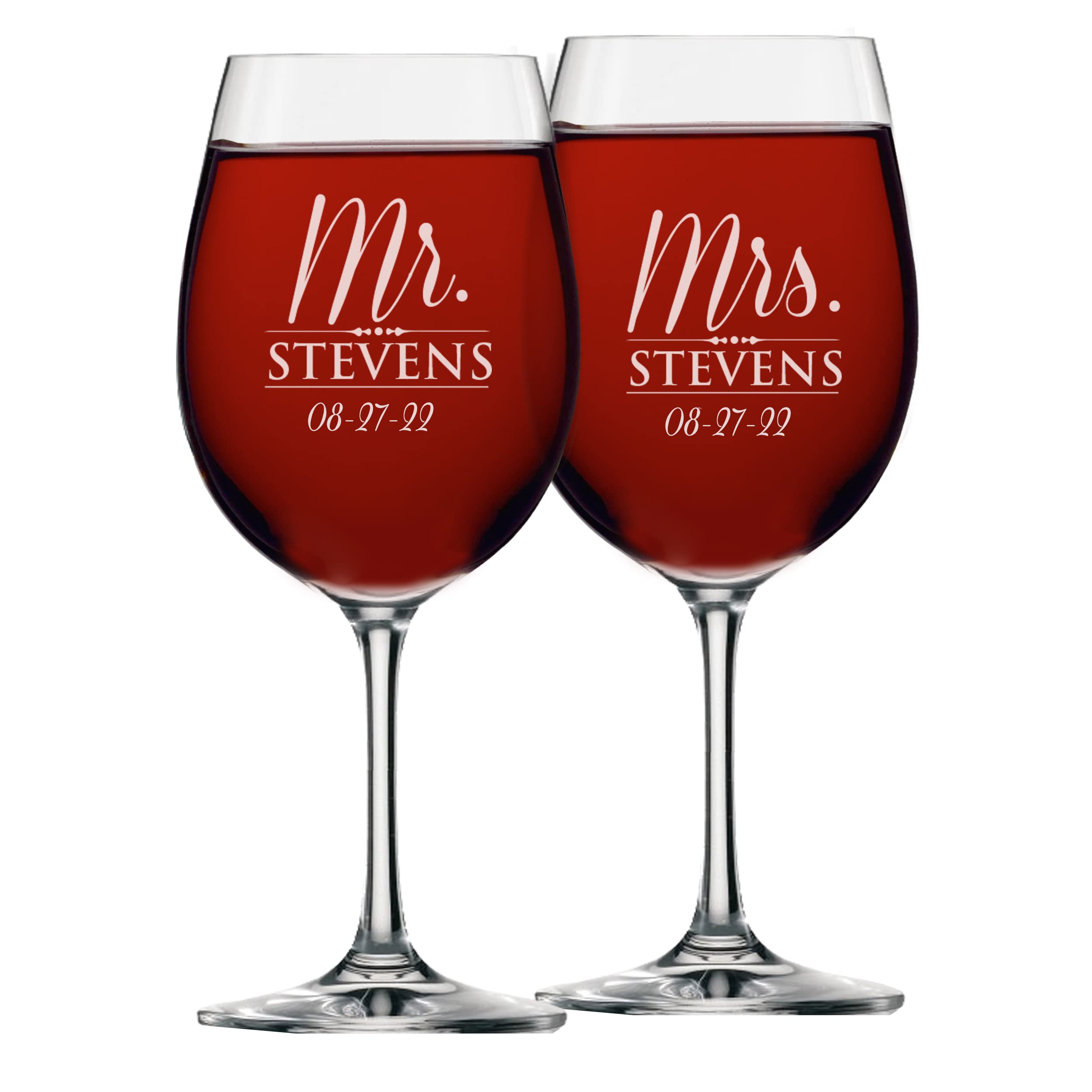 Set of 2 Mr and Mrs Personalized Wine Glasses - Custom Engraved and Monogrammed Gifts