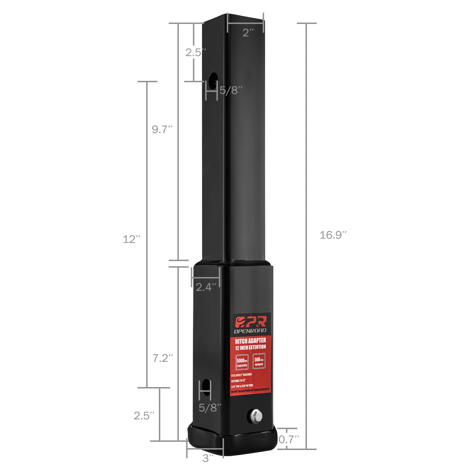OPENROAD Trailer Hitch Extension for 2-Inch Receiver, 12" Tube Extender Hitch Towing Receiver with 5/8" Hitch Pin and 2" Silencer Pad (12inch Hitch)