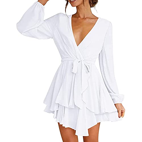 Pinkpaopao Women Deep V-Neck Flowy Dress Self Belt Long Sleeve Layered Swing Dress Solid Color Mini Dress