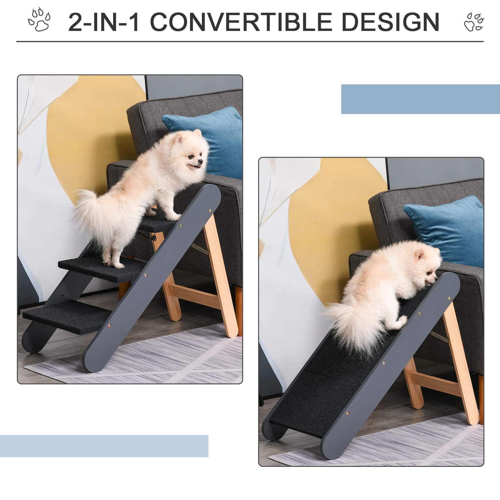 PawHut Wooden Pet Stairs 2 in 1 Convertible Carpeted Ramp Foldable 3 Level Ladder for High Bed Couch Car