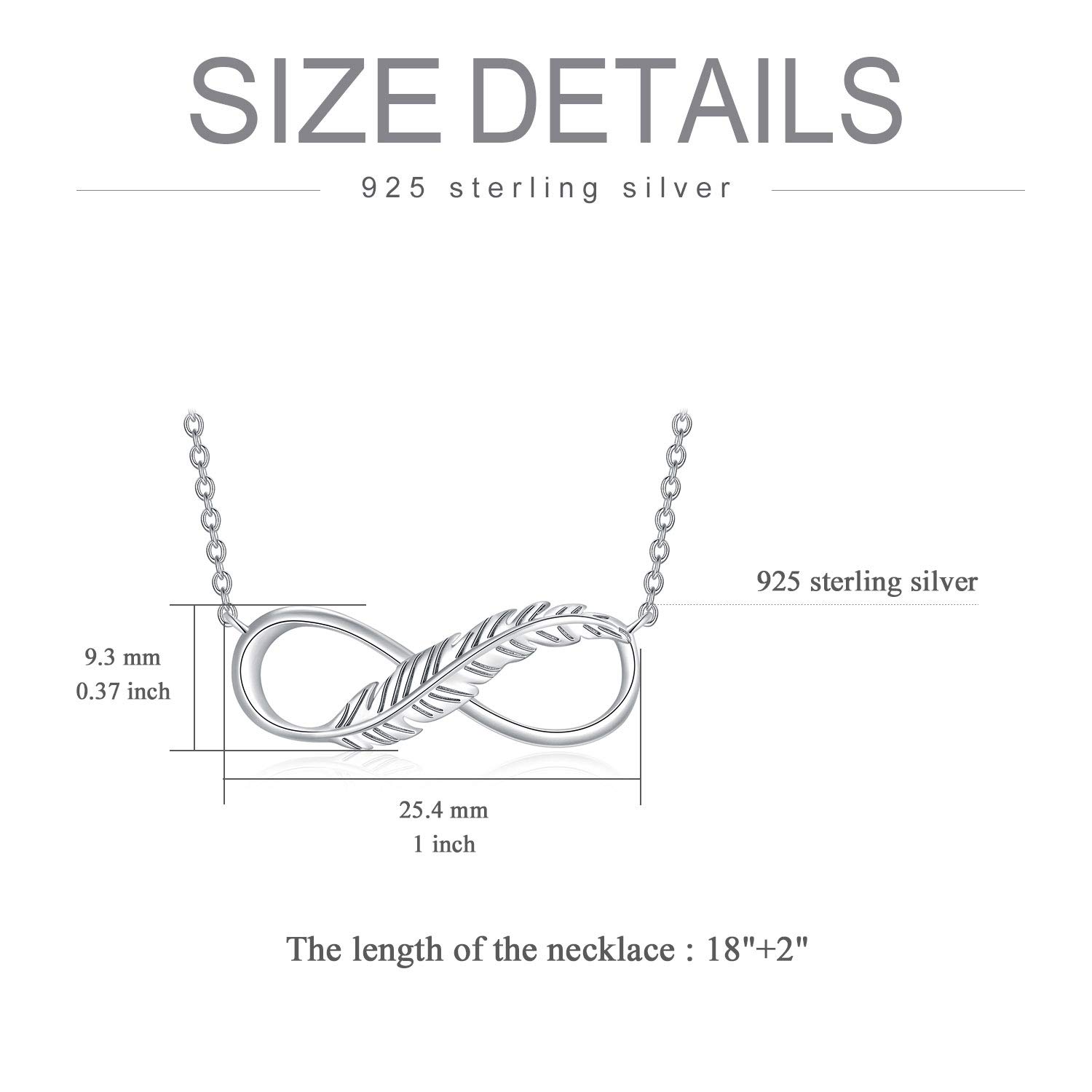 PDTJMTG Infinity Feather Necklace 925 Sterling Silver Necklace for Women, 18”+2”