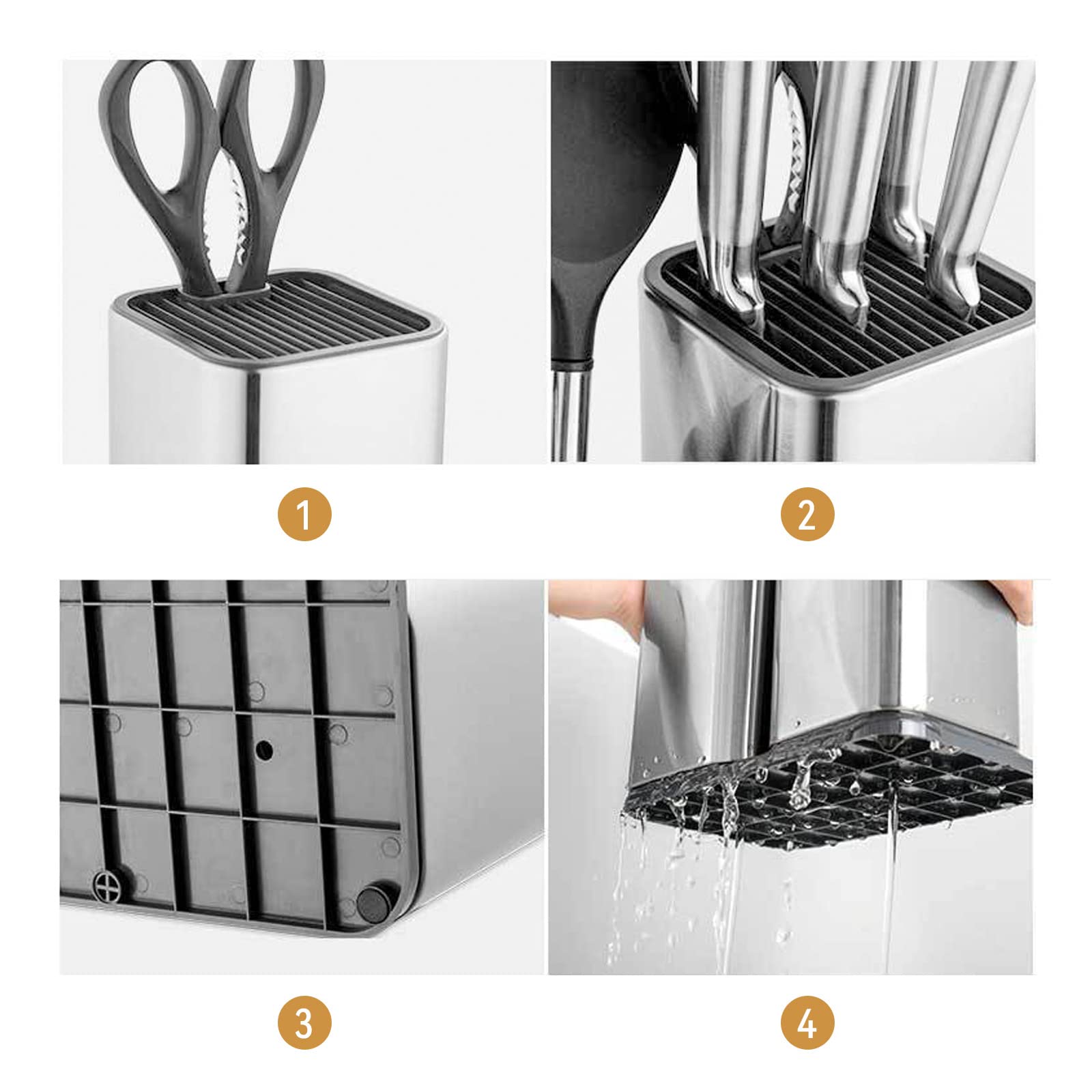 YTDTKJ Universal Knife Block Without Knife, Stainless Steel Knife Holder with Scissors Slots, Kitchen Knife Organizer, Modern Rectangular Design, Self-Draining Function