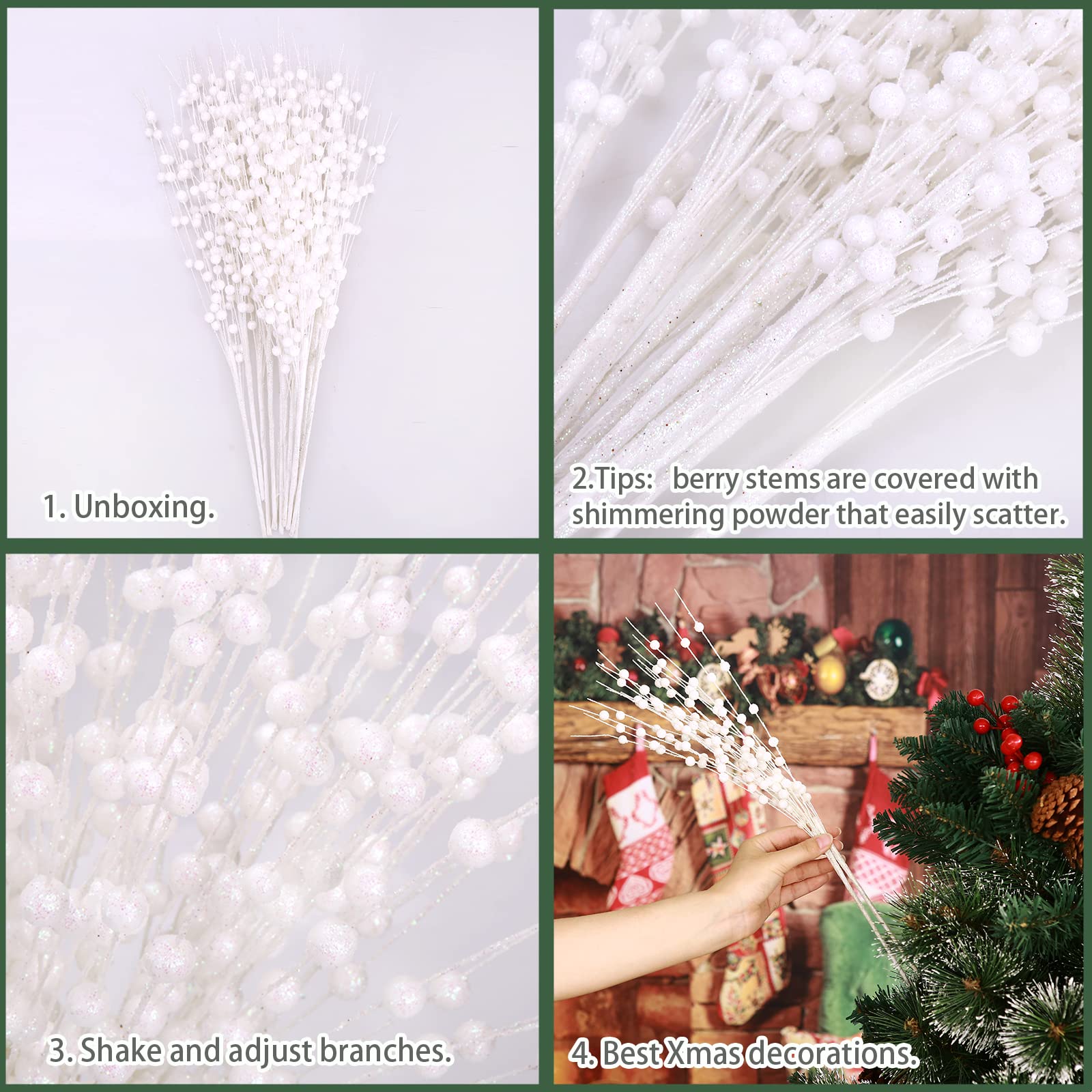 Megoogo 12 PCS Artificial Glitter Berry, White Christmas Glitter Picks Artificial Berries Stems Ornaments Fake Xmas Stem Decorative Sticks for Vases Tall DIY Wreath Home Decor (15.8ββ)