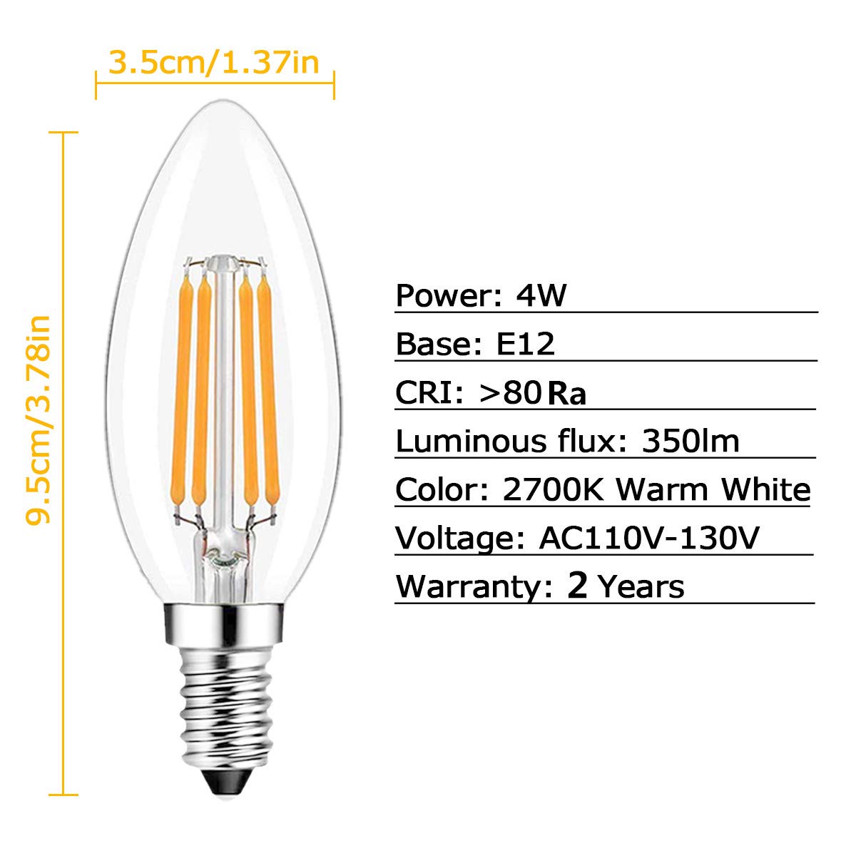 Prosperbiz E12 Candelabra LED Light Bulbs 40W Incandescent Equivalent, Warm White 2700K Chandelier Light Bulbs, Decorative Clear LED Filament Candle Bulbs, 12 Pack, Non-Dimmable