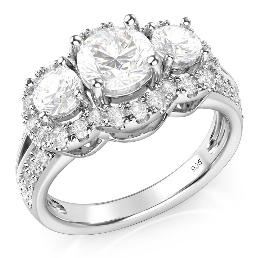 Metal Factory Sz 11 Sterling Silver 925 3 Stone CZ Cubic Zirconia Halo Engagement Ring