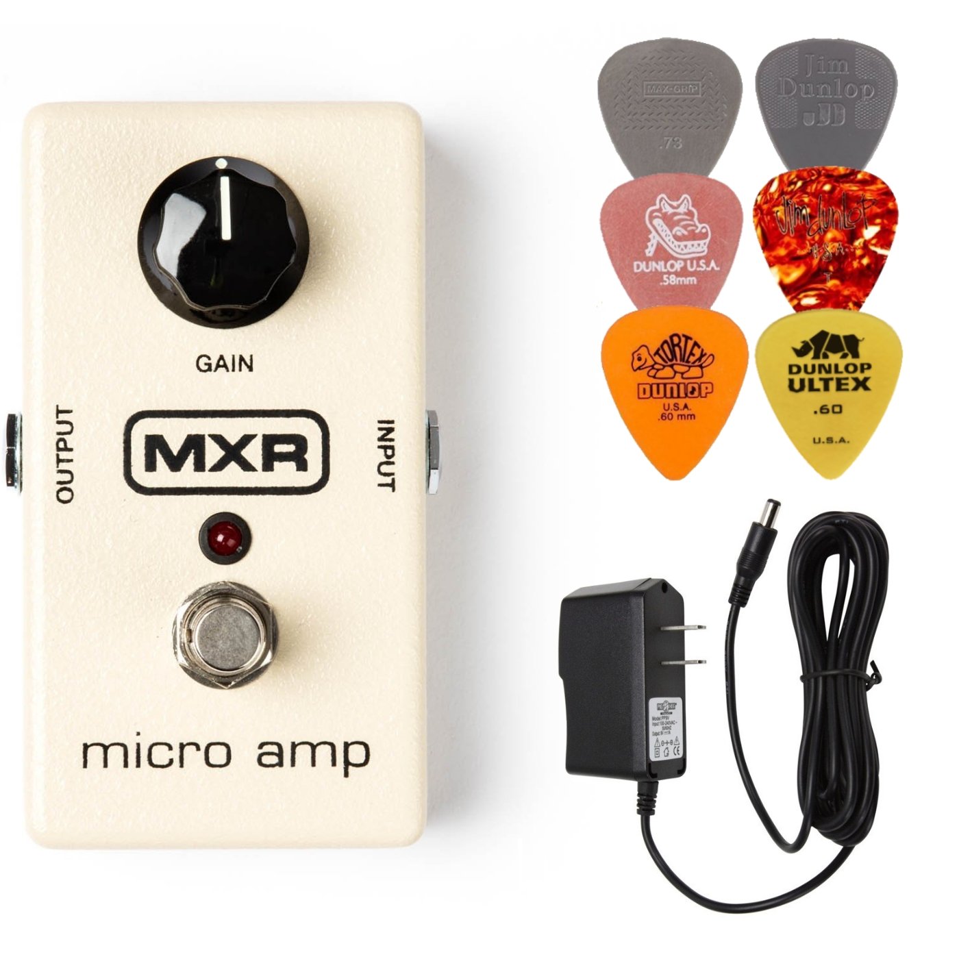 MXR M133 Micro Amp Booster Effects Pedal BUNDLE with AC/DC Adapter Power Supply for 9 Volt DC 1000mA and 6 Assorted Dunlop Guitar Picks �