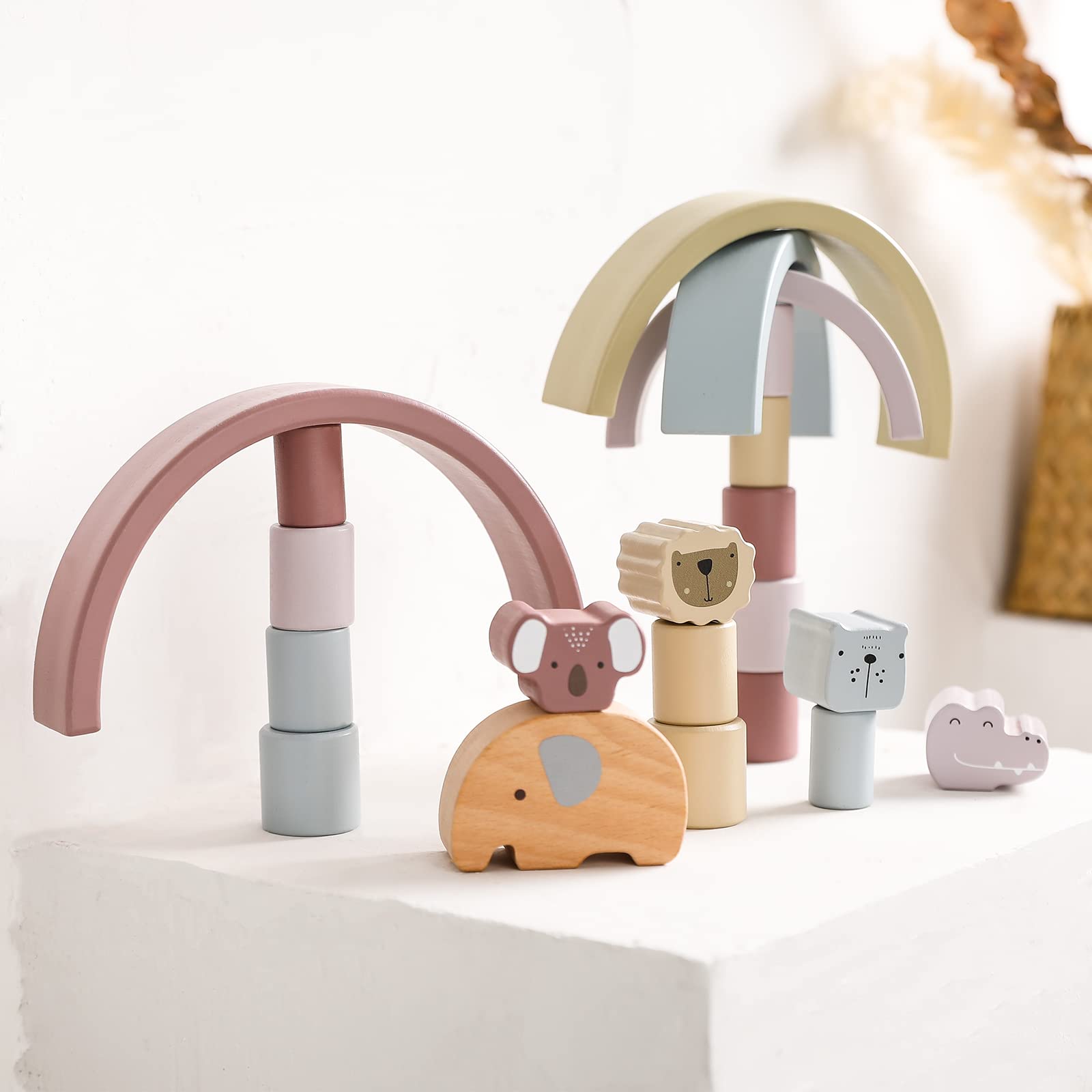 Wooden Stacking Toys for Toddlers with Wooden Rainbow Stacking Toy, Animal Stacking Balancing Blocks Montessori Building Blocks for Preschool Kids Stacking Skill Developing Intelligence Play Kits