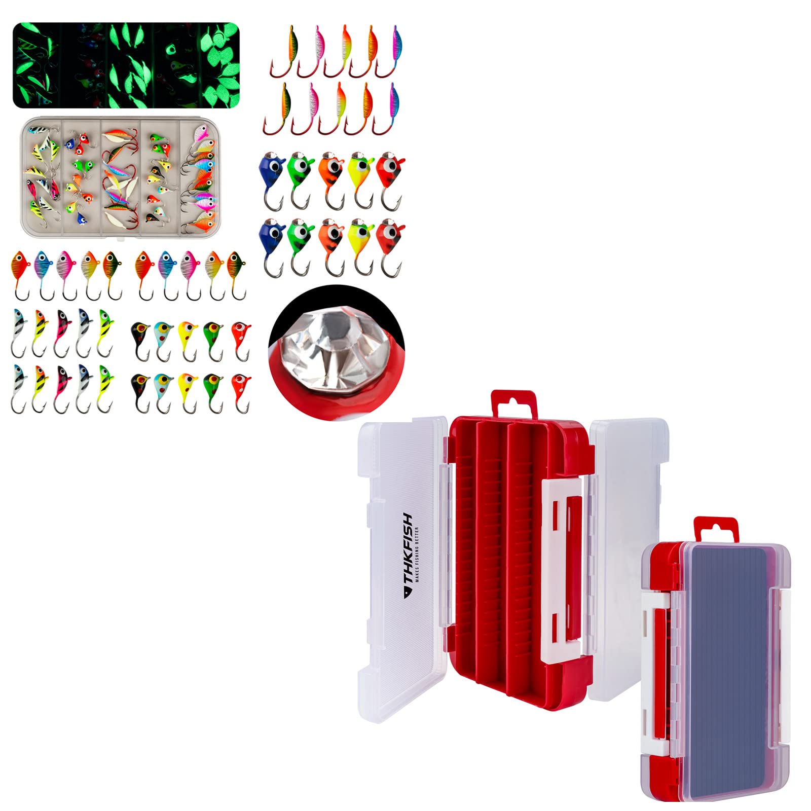 THKFISH Ice Fishing Jigs Kit Ice Fishing Lures for Walleye Perch Jigs C-50PCS + Double Sided Tackle Box S 2pcs