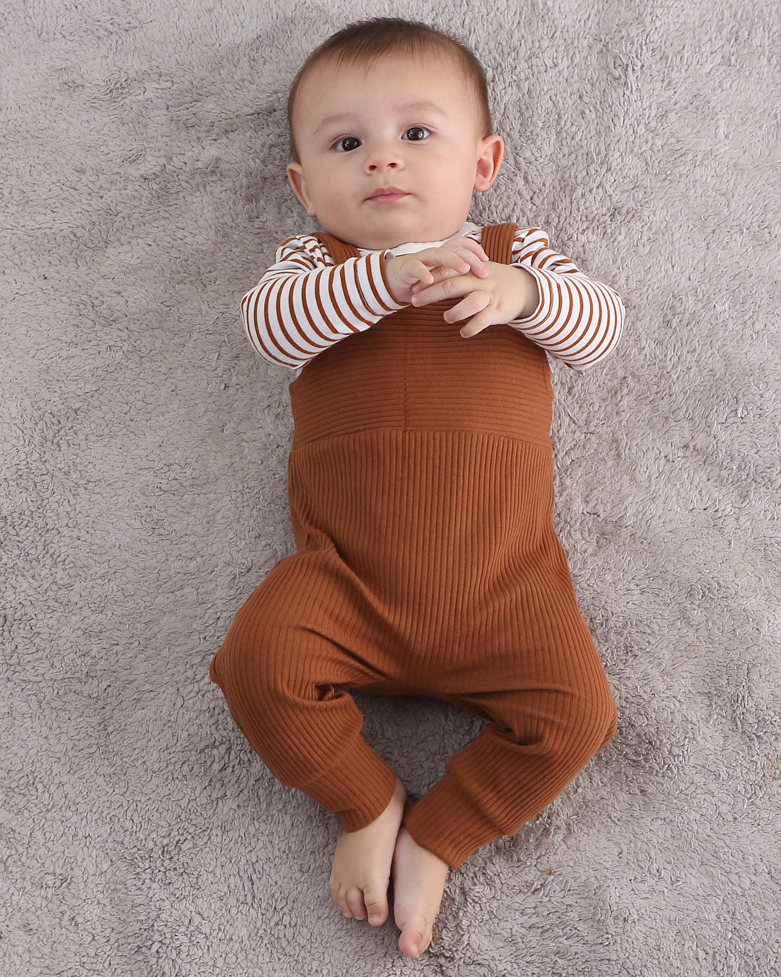 YUEMION Baby Boy Clothes 3 6 Months Newborn Infant Boy Outfits 2Pcs Stripe Top Romper Pants Set Overalls Toddler Boy Clothes(Brown, 3-6 Months)