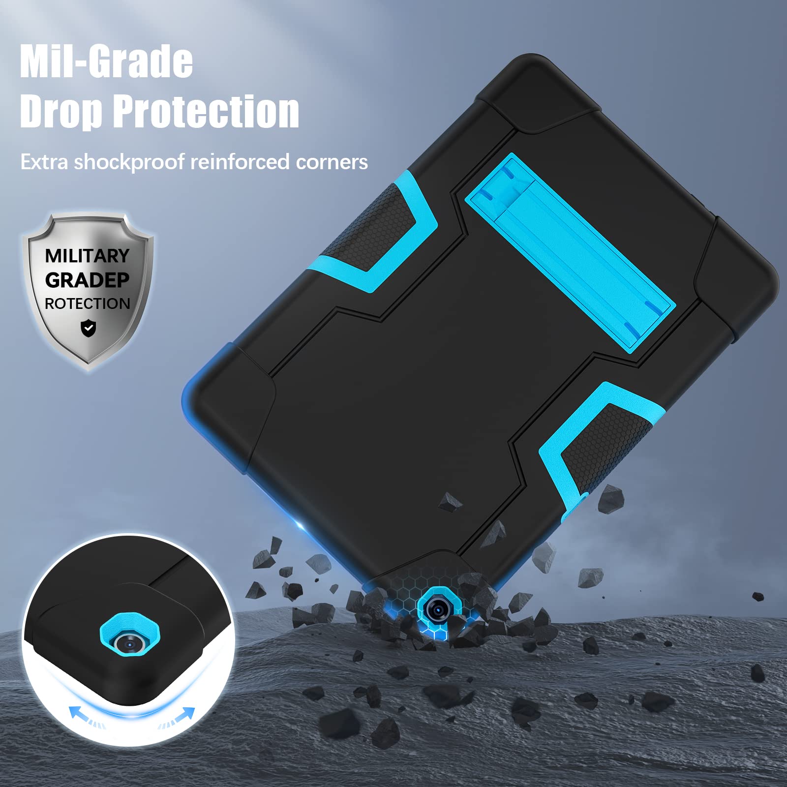WESOROL for Walmart ONN 10.1 Inch Tablet Case Gen 2 2020 (Model 100011886) Only, Shockproof Kids Friendly Heavy Duty Hybrid Rugged Case with Built-in Kickstand for ONN 10.1 Tablet, Black+Blue