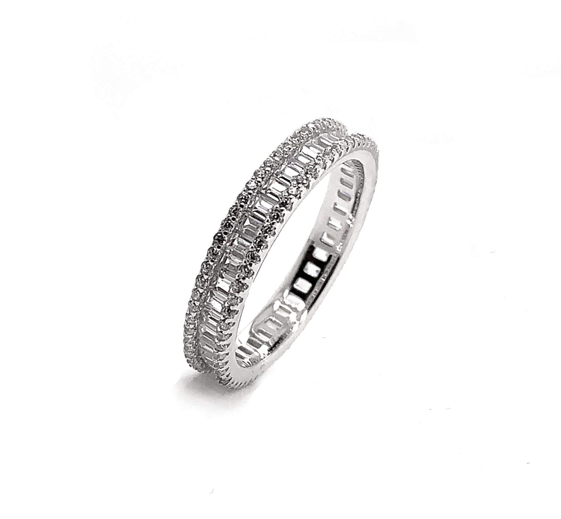 Next Level Jewelry Womens Sterling Silver Crystal Clear Cubic Zirconia CZ Emerald-Cut .925 Eternity Band Ring, Eternity Bands for Women, Stackable Rings, Wedding Bands for Women, (Size 8)