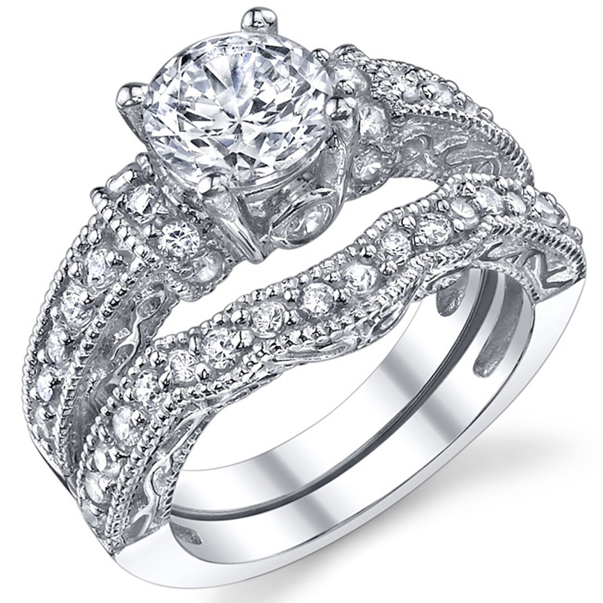 Metal Masters 1.25 Carat Solid Sterling Silver Wedding Engagement Ring Set, Bridal Ring, with Cubic Zirconia CZ Size 8
