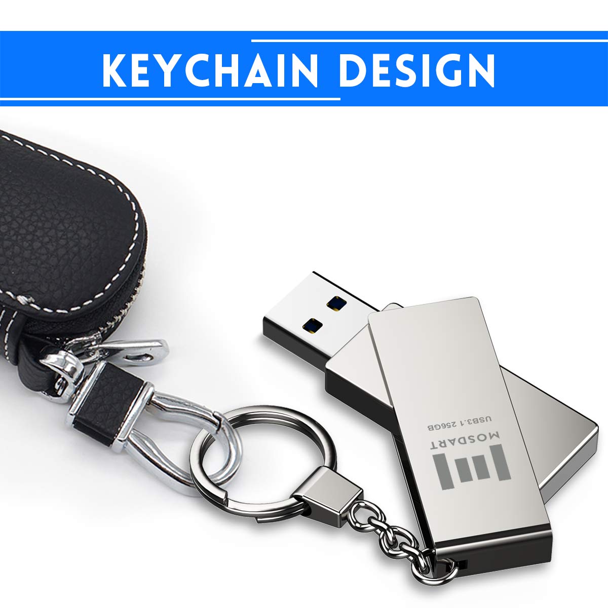 MOSDART 256GB 300Mb/s USB 3.1 Flash Drive Fast Speed and Rugged Metal Thumb Drive with Keychain USB3.1 256 GB 360-degree Jump Drive for Data Storage - Silver