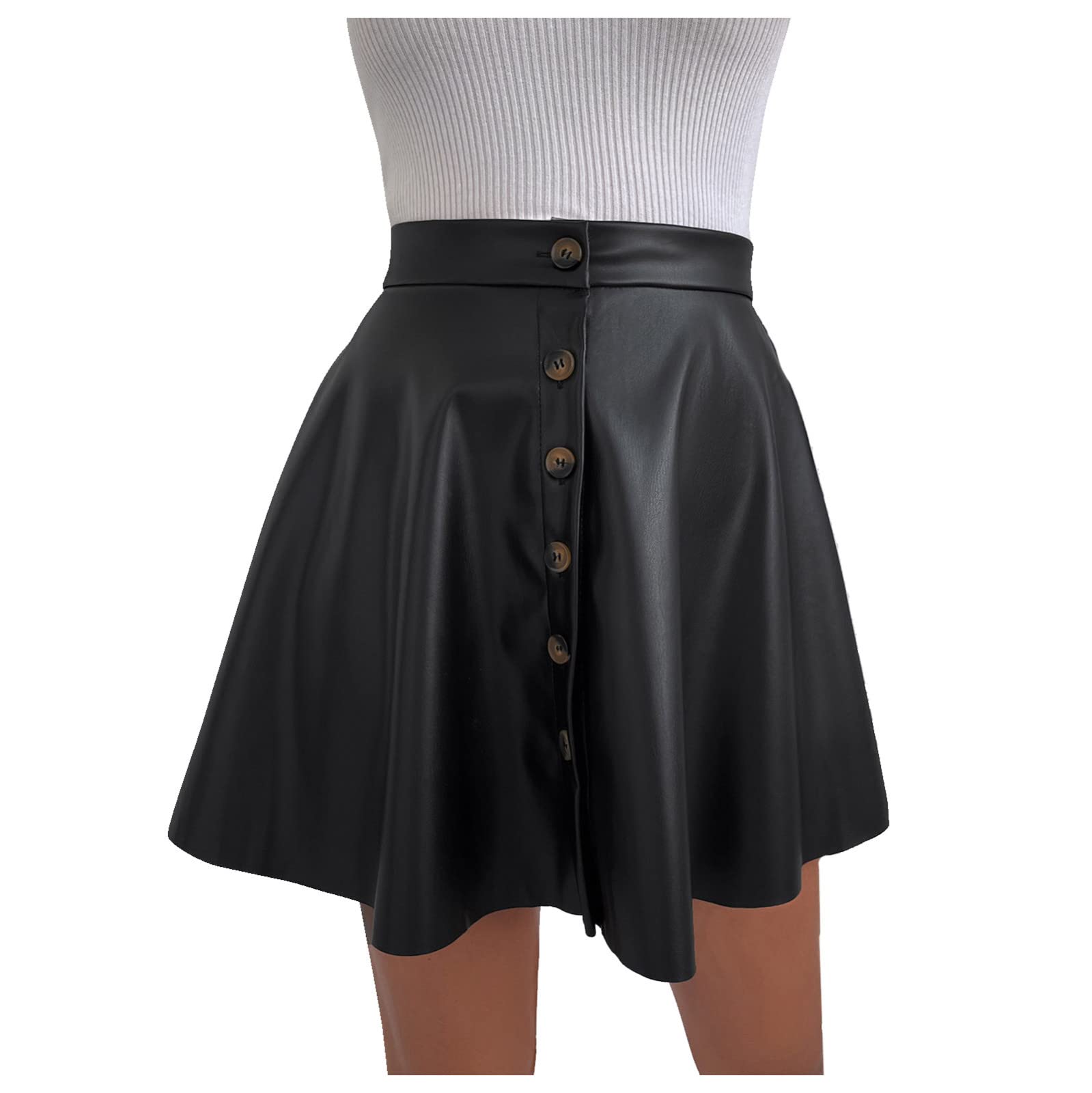 Tenworld Long Sleeve Women's Sexy Skirt High Waist Button Front Corduroy Flare Lattice Printed A Line Short Mini Elegant Black