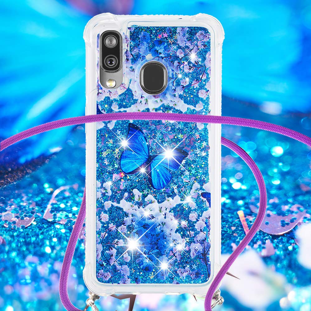 Moving Quicksand Bling Phone Case for Samsung Galaxy A40 Mobile Phone Cover Lanyard Neck Strap Protective Phone Cover Necklace Case for Samsung Galaxy A40 (Blue Butterfly)
