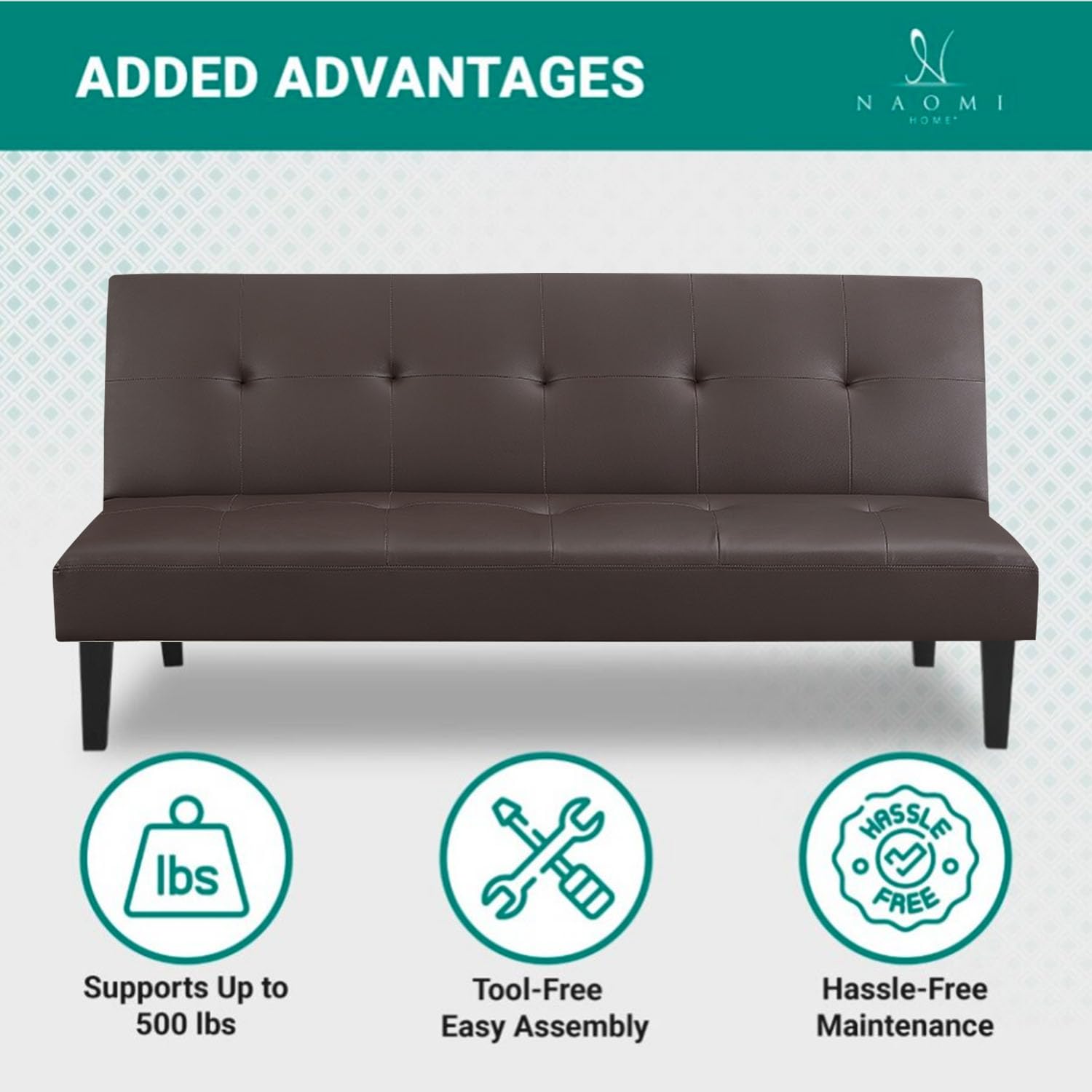 Naomi Home Durable Futon: Perfect for Both Couch Bed and Small Futon Sturdy Build Modern Faux Leather Futon Couch - Low-Maintenance Upholstery - Customizable Positions - Easy Assembly, White
