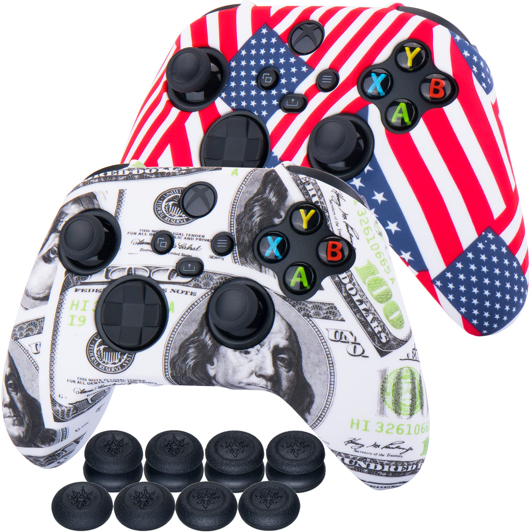 MXRC Silicone Rubber Printing Cover Skin Case x 1 Anti-Slip Customize for Xbox Series X/S Controller x 2(America Dream) + Thumb Grips x 8