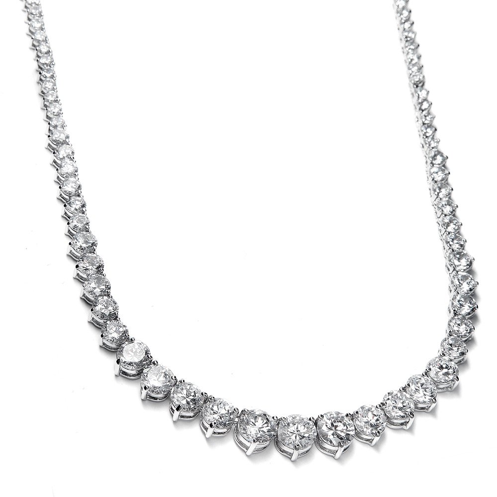 Mariell Graduated Cubic Zirconia Tennis Necklace, Platinum Plated Graduated CZ Bridal Statement Jewelry