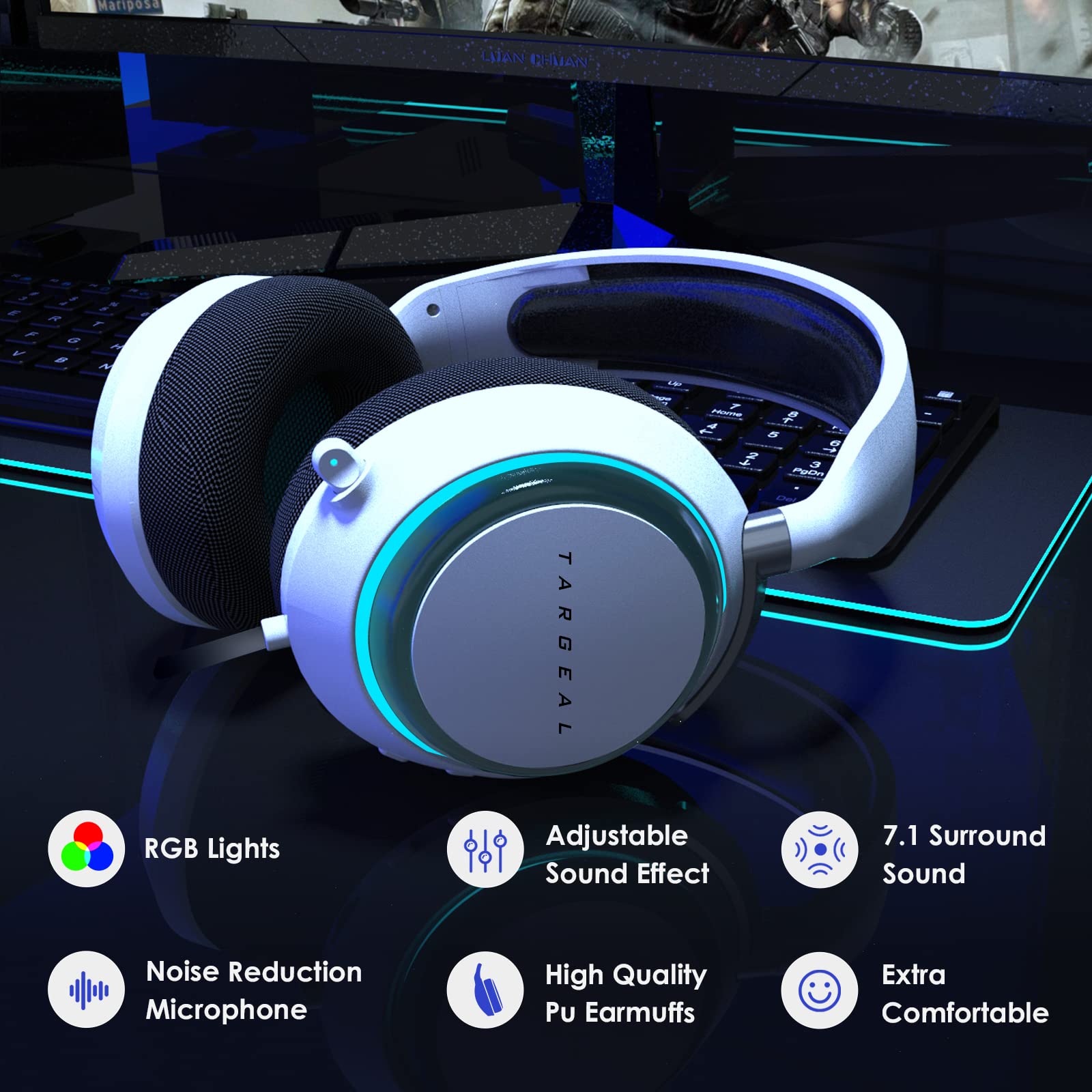 targeal 7.1 Surround Sound Gaming Headset for PS5, PS4, Switch, PC, Laptop, Tablet, Mobile Phone - USB Wired Gamer Headphone with Noise Canceling Mic - 4 Modes RGB - White Headset with C Cable