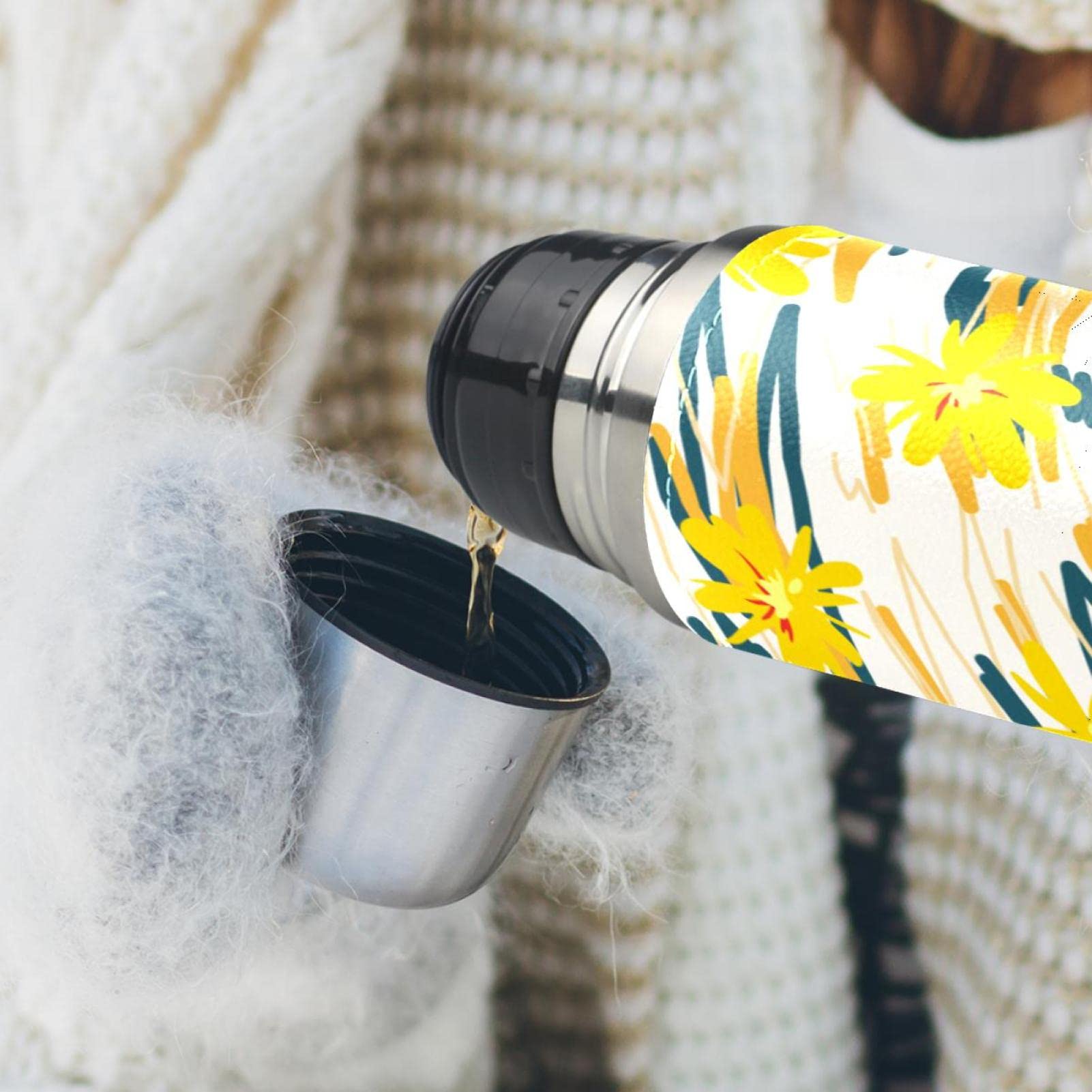 Stainless Steel Leather Vacuum Insulated Mug Yellow Flower Thermos Water Bottle for Hot and Cold Drinks Kids Adults 16 Oz